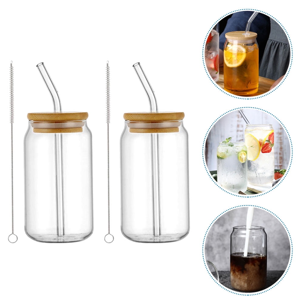 Raindrops 2 Sets of Glass Can Cup With Lid and Straw Glass Can Cups ...