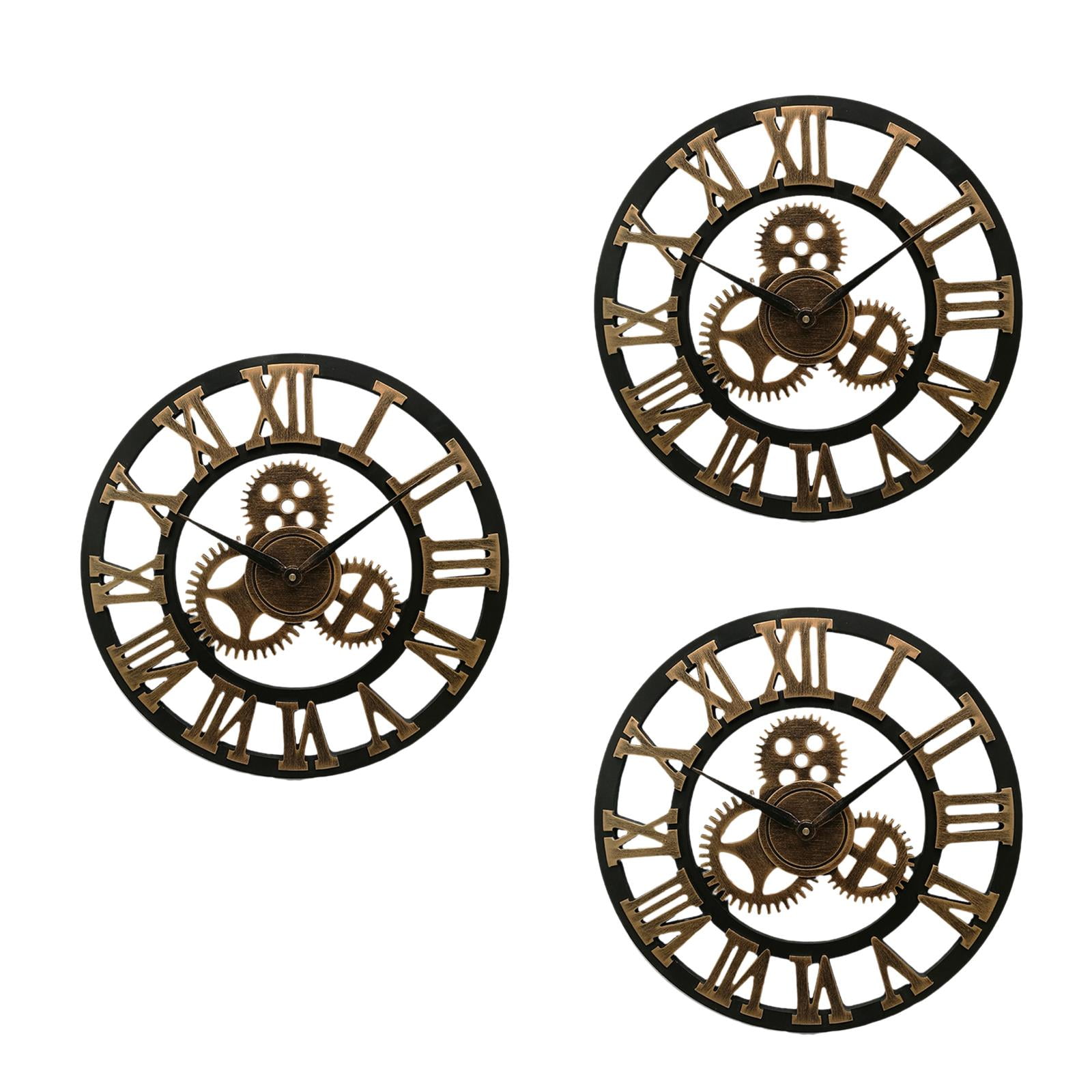 Raindrops 3pcs Industrial Gear Wall Clock Roman Numerals Wood Clocks Rustic Metal Clock for ...
