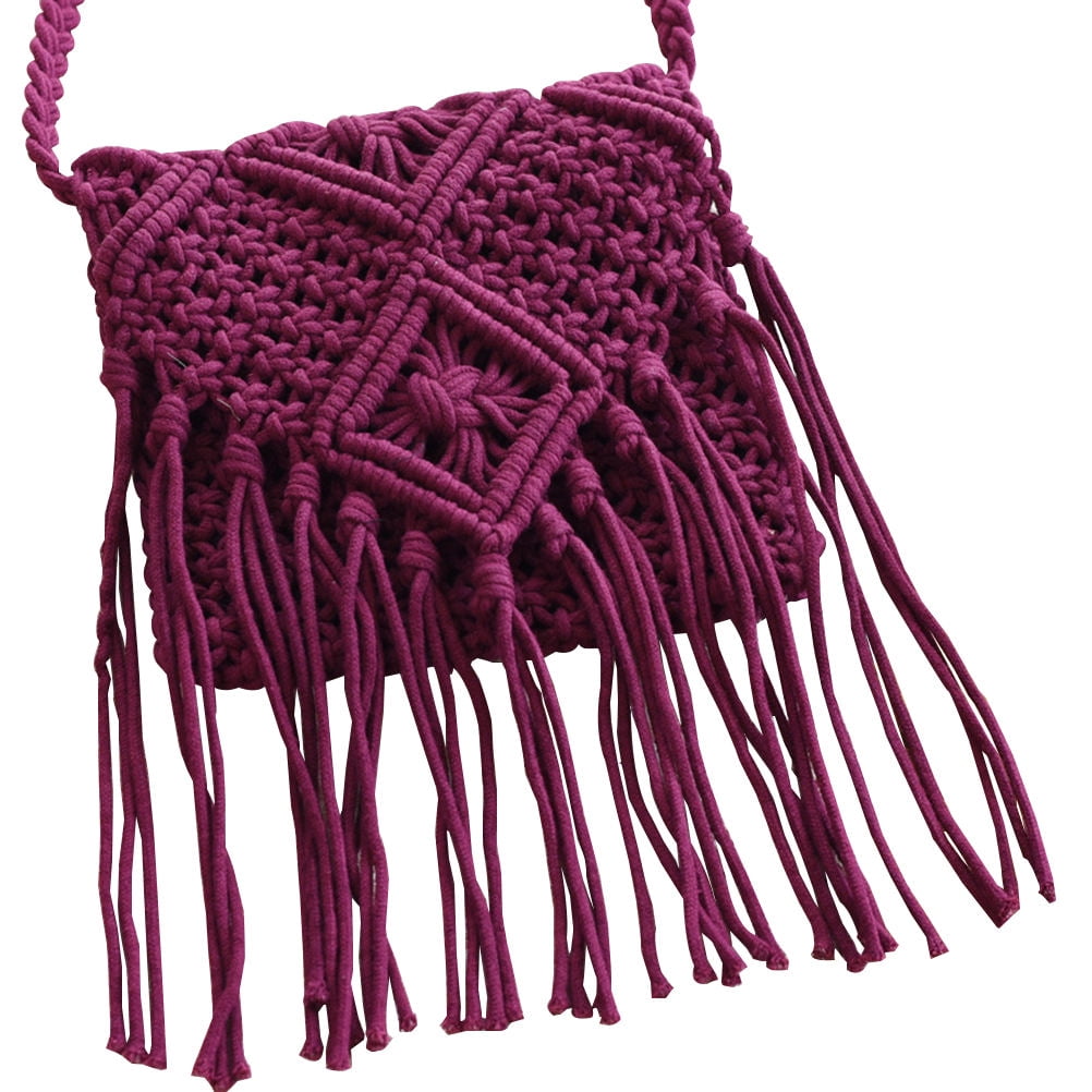 Raindrops Fringed Crochet Crossbody Bag Made of Cotton Rope in Dark Red ...
