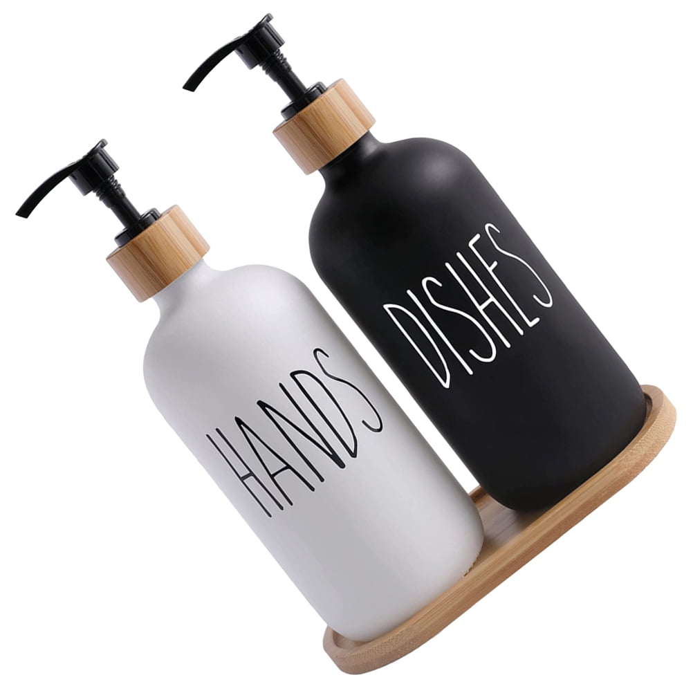 Raindrops Glass Shampoo Dispenser with Pump and Wood Tray for Stable ...