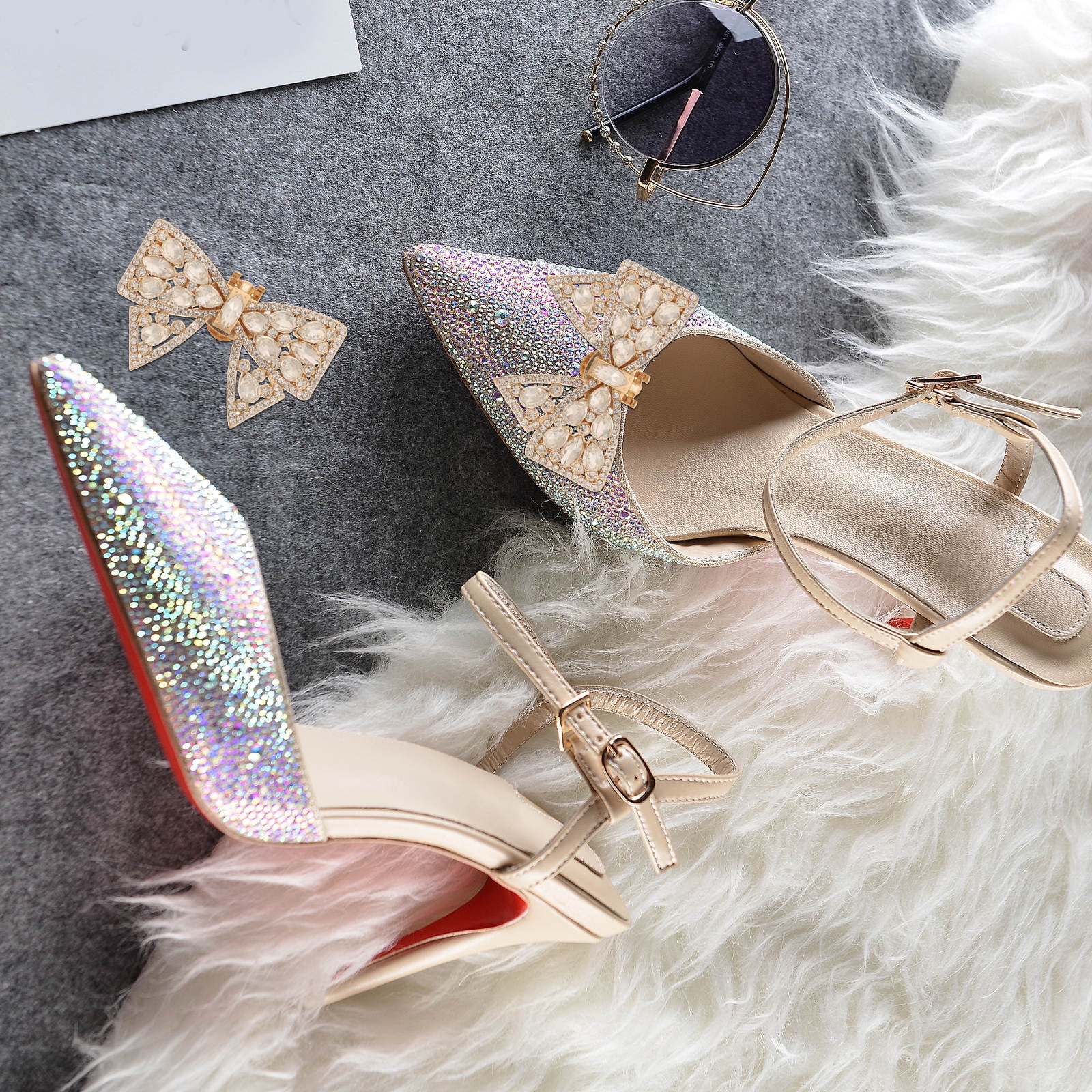 Raindrops Bowknot Shoe Clips Golden Metal Rhinestone 1Pair 2.4x1.4x0 ...