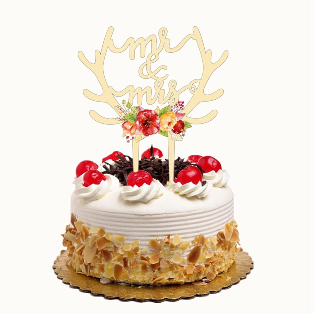 Raindrops Golden Wood Deer Horn Cake Decor Beautiful MR & MRS Topper ...