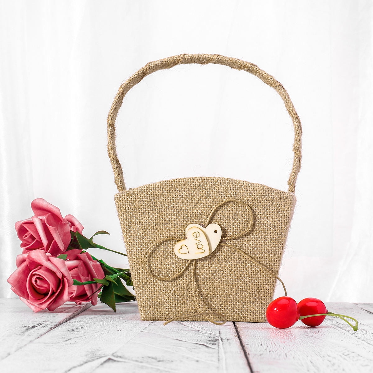 Raindrops Light Brown Burlap Flower Girl Basket for Wedding with ...