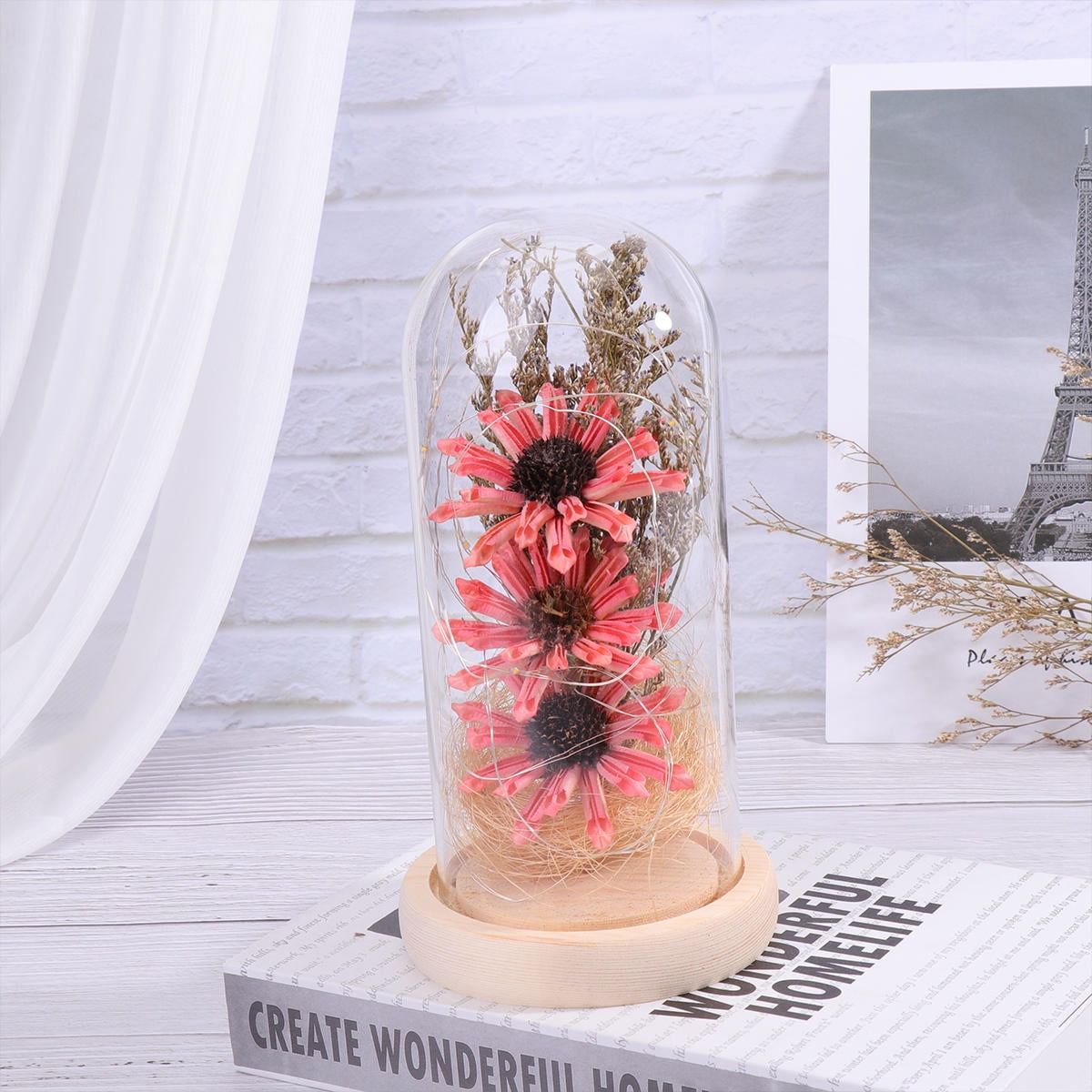 Raindrops Pink Glass Dome LED Light with Artificial Sunflower for ...