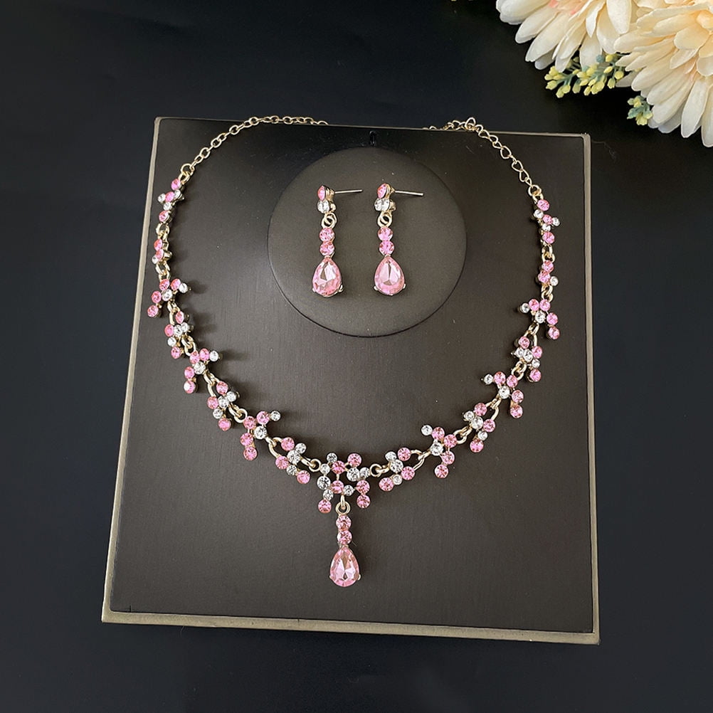 Raindrops Pink Rhinestone Necklace and Earrings Set for Women Delicate ...