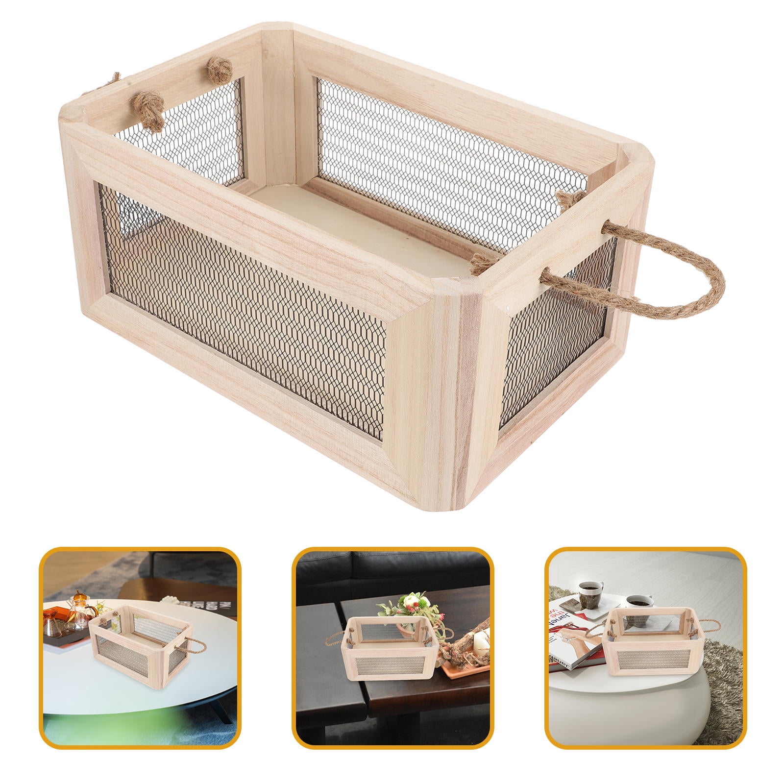 Raindrops Solid Wood Storage Basket Hollow Wire Mesh Wooden Frame ...