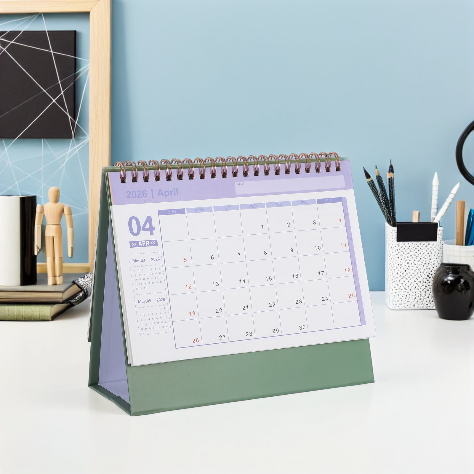 Raindrops Olive Green 2026 Small Desk Calendar with Foldable Stand ...