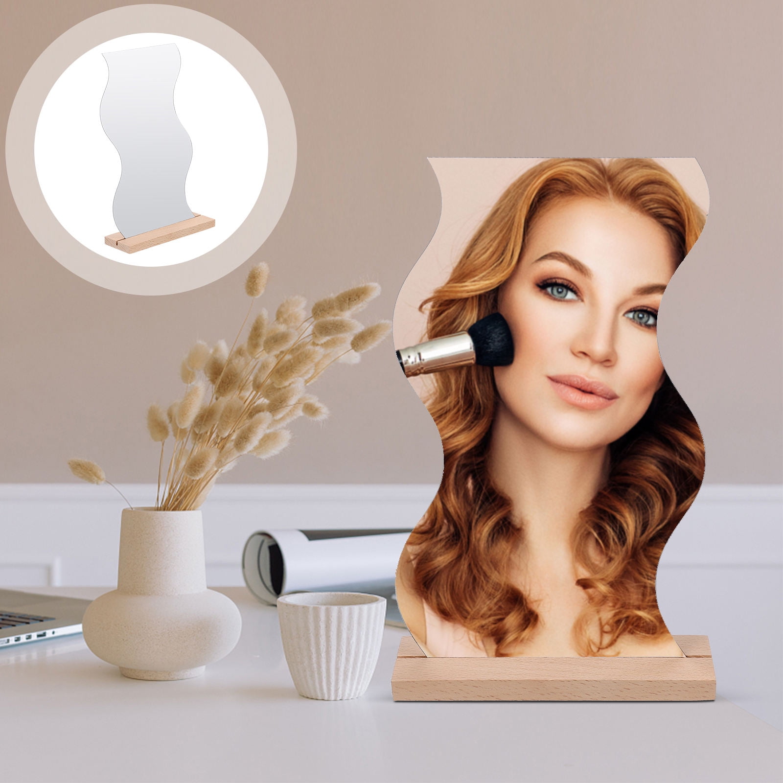 Raindrops Stylish Acrylic Makeup Mirror with Wooden Base for Daily Use ...