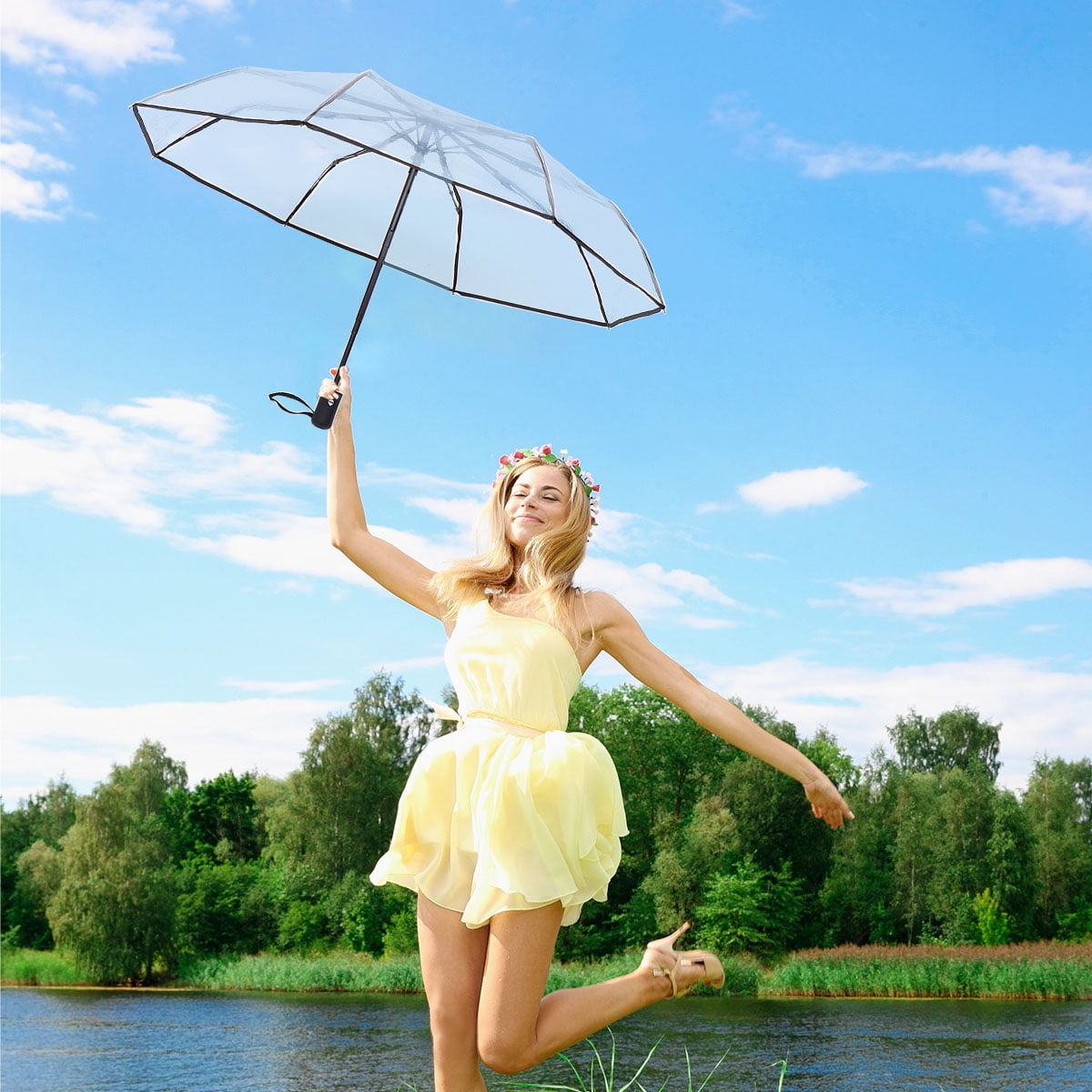Raindrops Transparent Automatic Umbrella Folding Rain Triple Men and ...