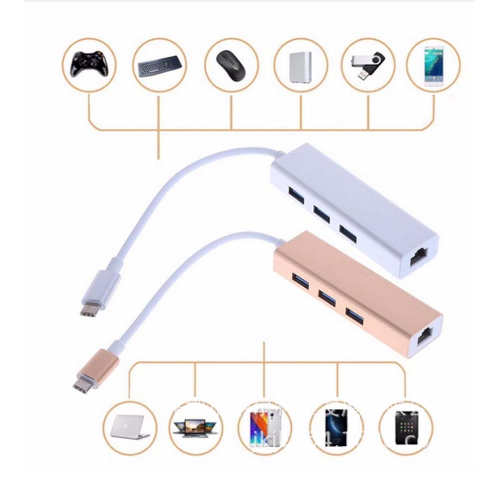 Raindrops USB Type- Adapter Type-C to 3 USB 3.0 Ports Ethernet Adapter ...