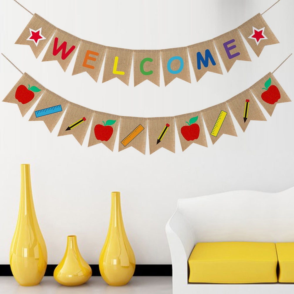 Raindrops Welcome Burlap Banner with Colorful Apple Pencil Ruler Design ...