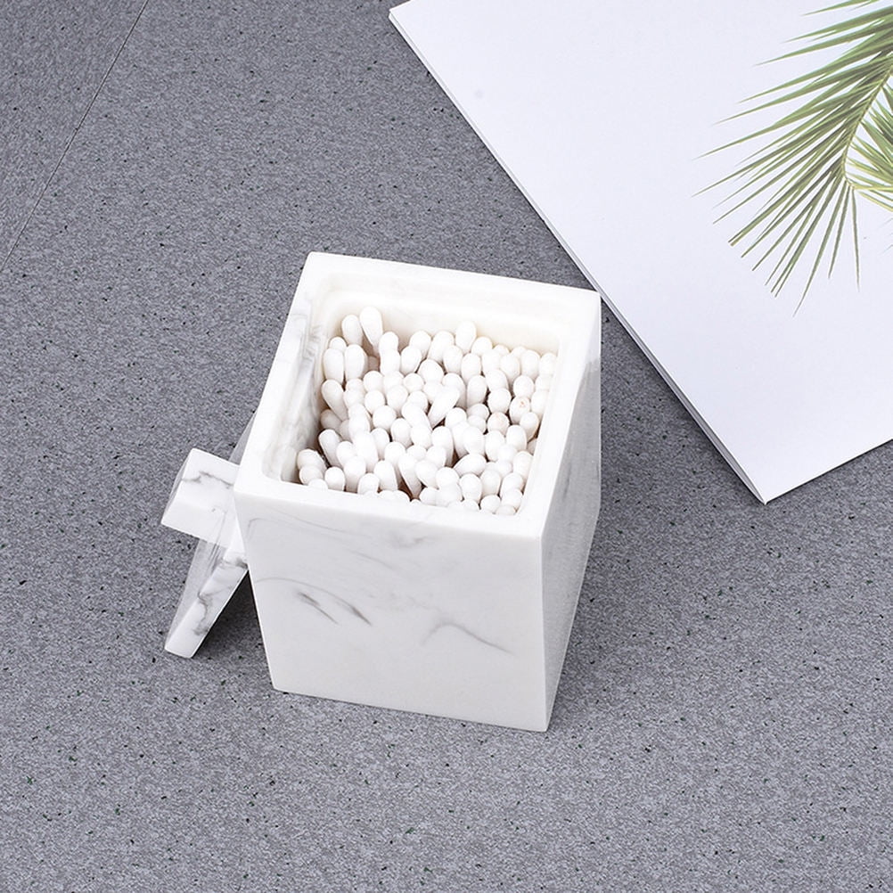Raindrops White Plastic Cotton Swabs Holder with Lid Modern Marble ...