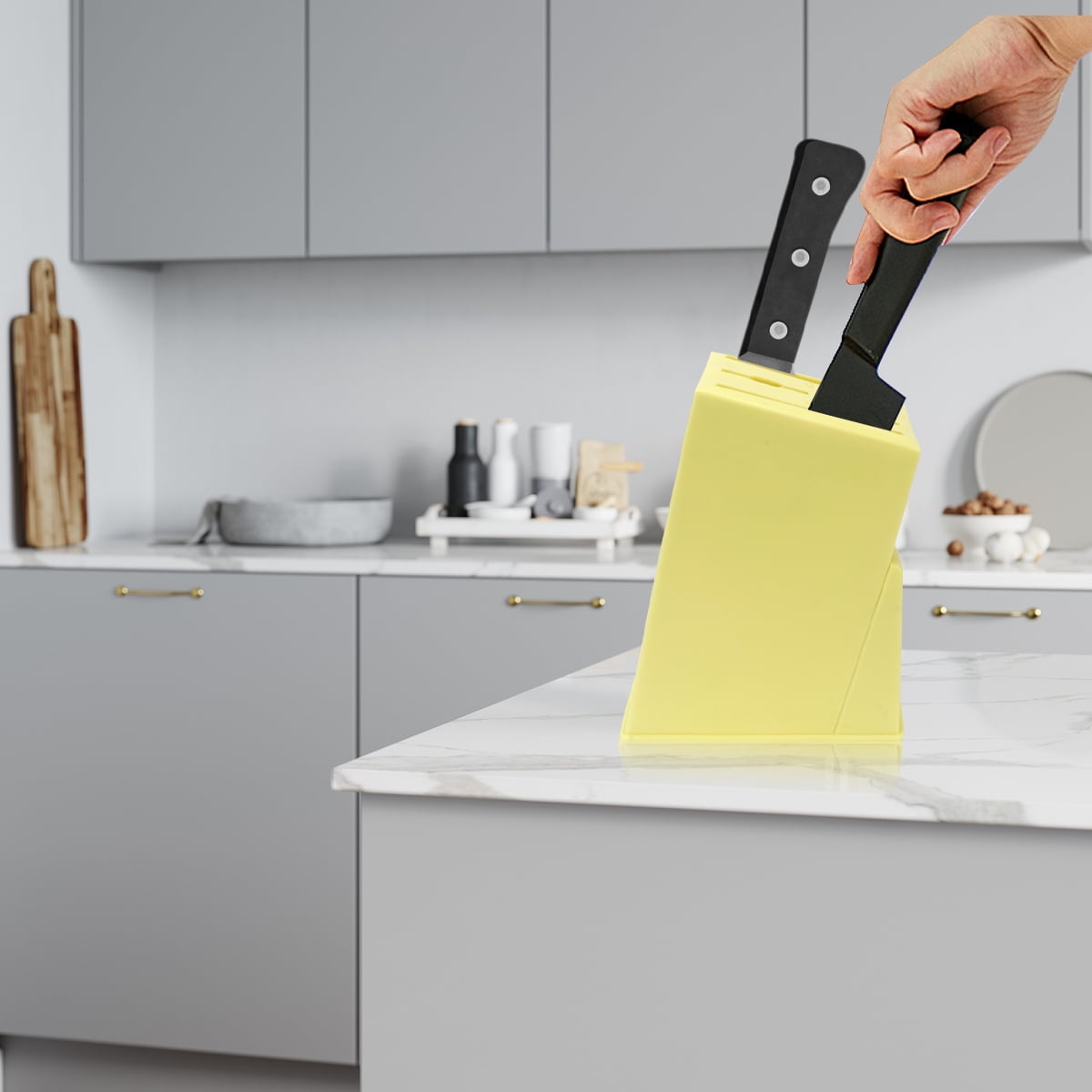 Raindrops Yellow Plastic Knife Storage Block for Kitchen Organization and Cutlery Display Stand ...