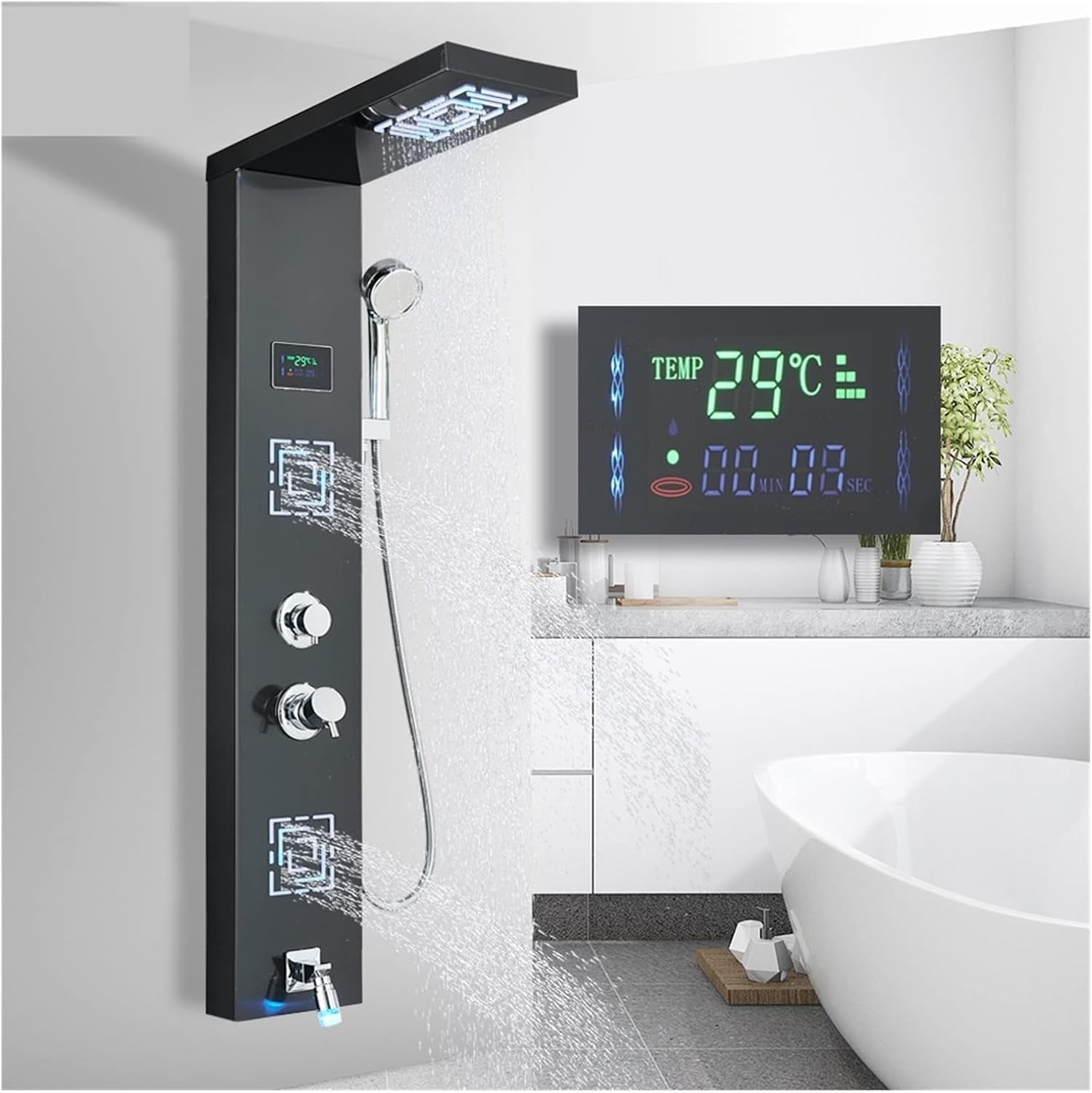 Rainfall Shower System Black LED Light LCD Shower Faucet Bathroom SPA Massage Jet Shower Column ...
