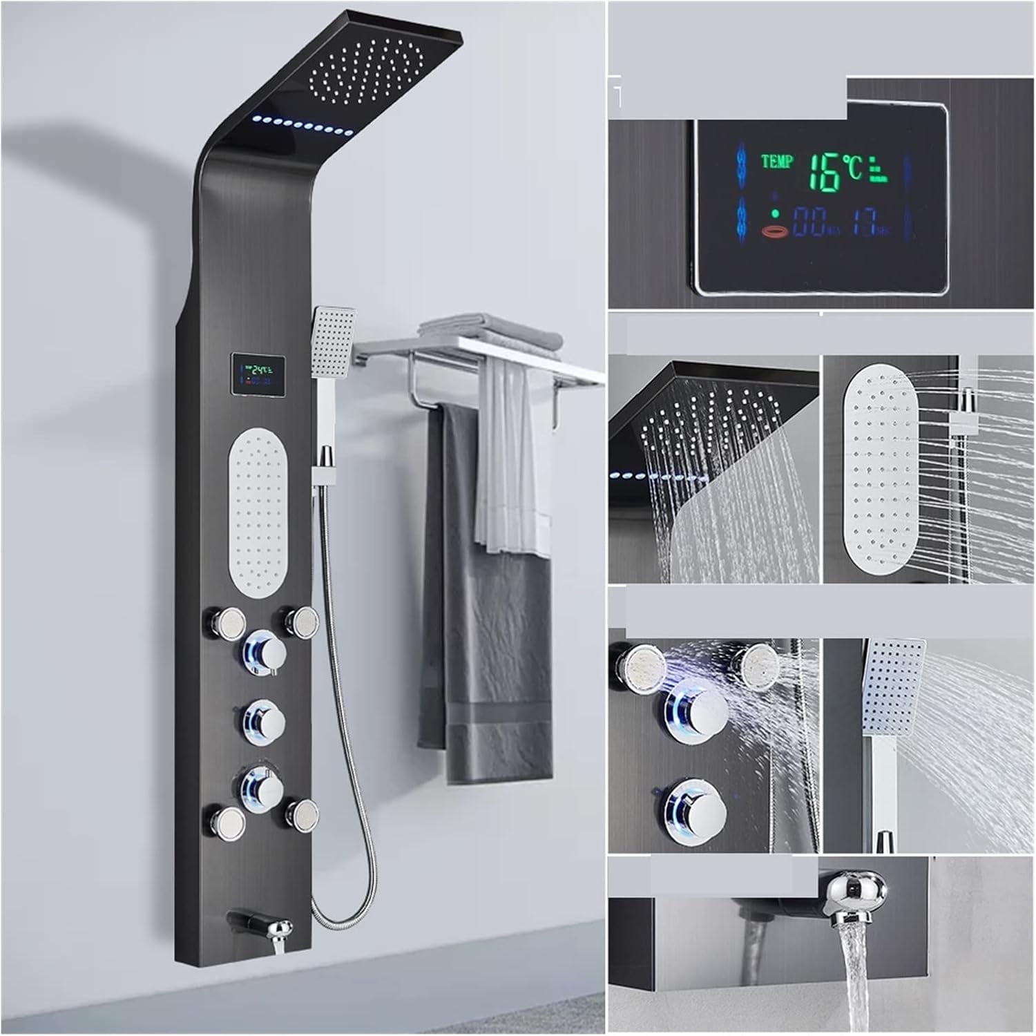 Rainfall Shower System Black LED Light Shower Faucet Bathroom SPA ...