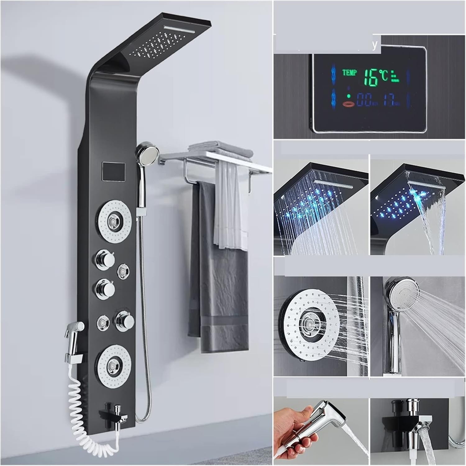 Rainfall Shower System Black LED Light Shower Faucet Bathroom SPA ...