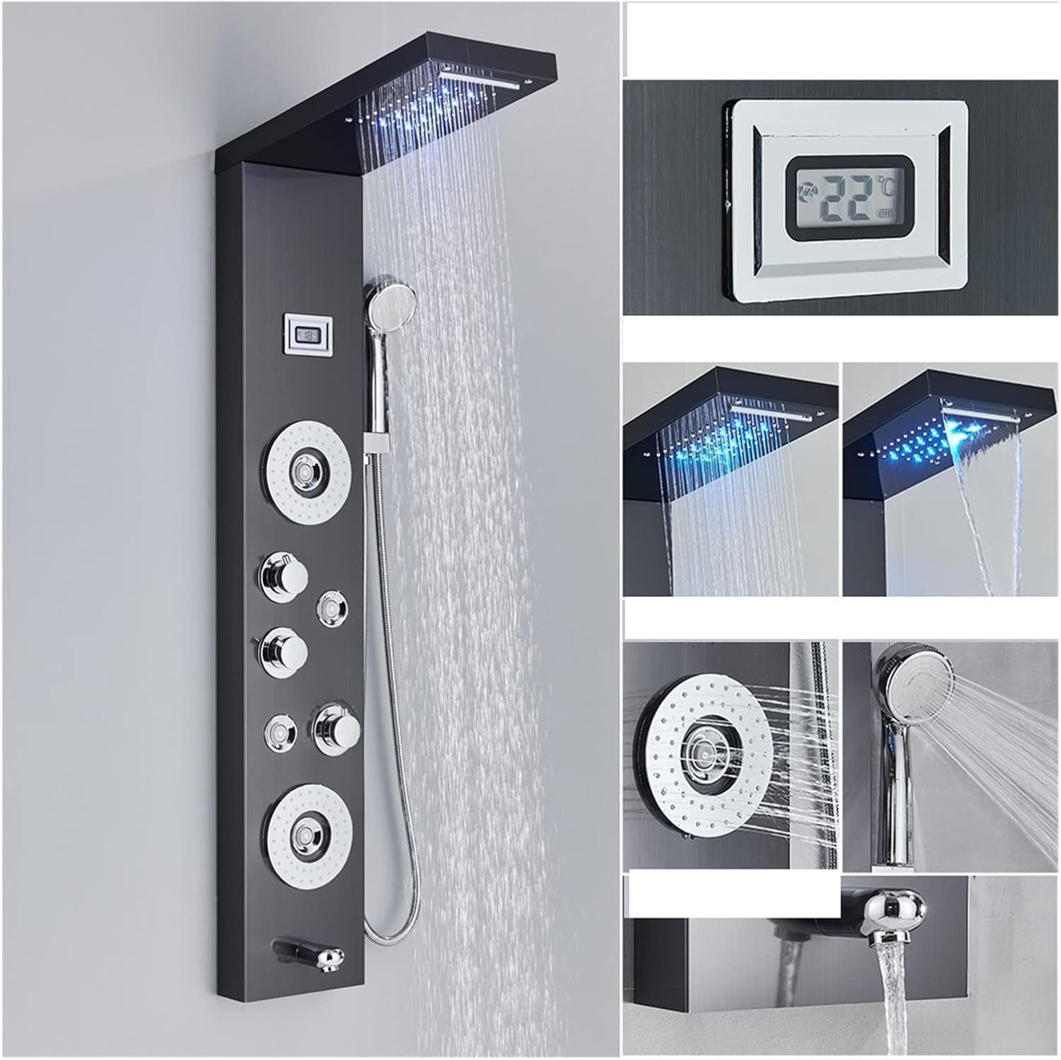 Rainfall Shower System Black LED Shower Panel Waterfall Rain Shower ...