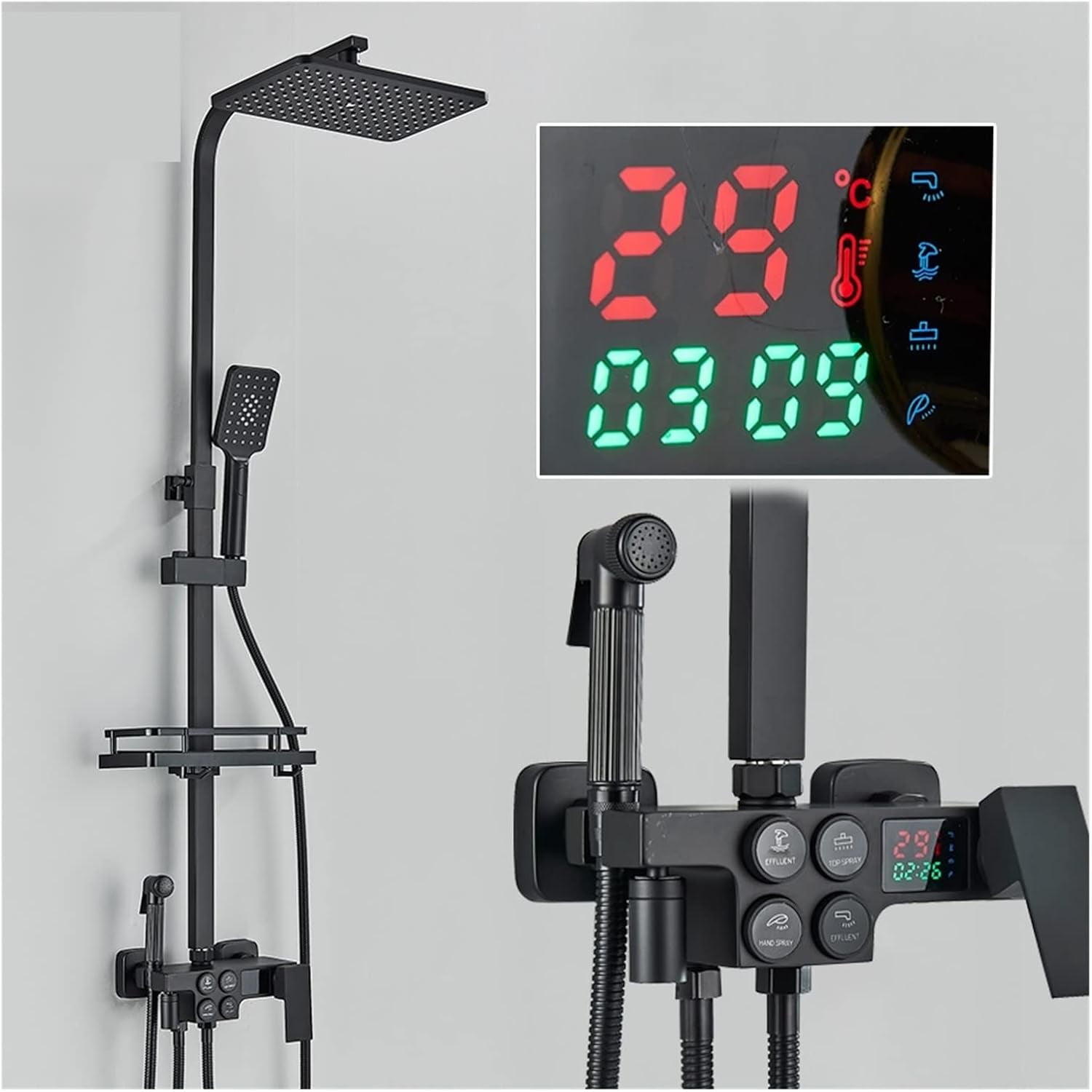 Rainfall Shower System Black Thermostatic LCD Shower Faucet Set ...