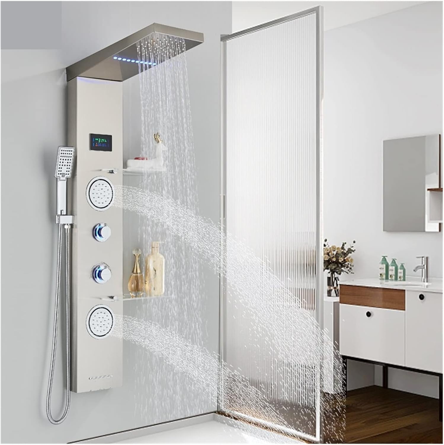 Rainfall Shower System Brushed LED Light LCD Shower Faucet Bathroom SPA ...