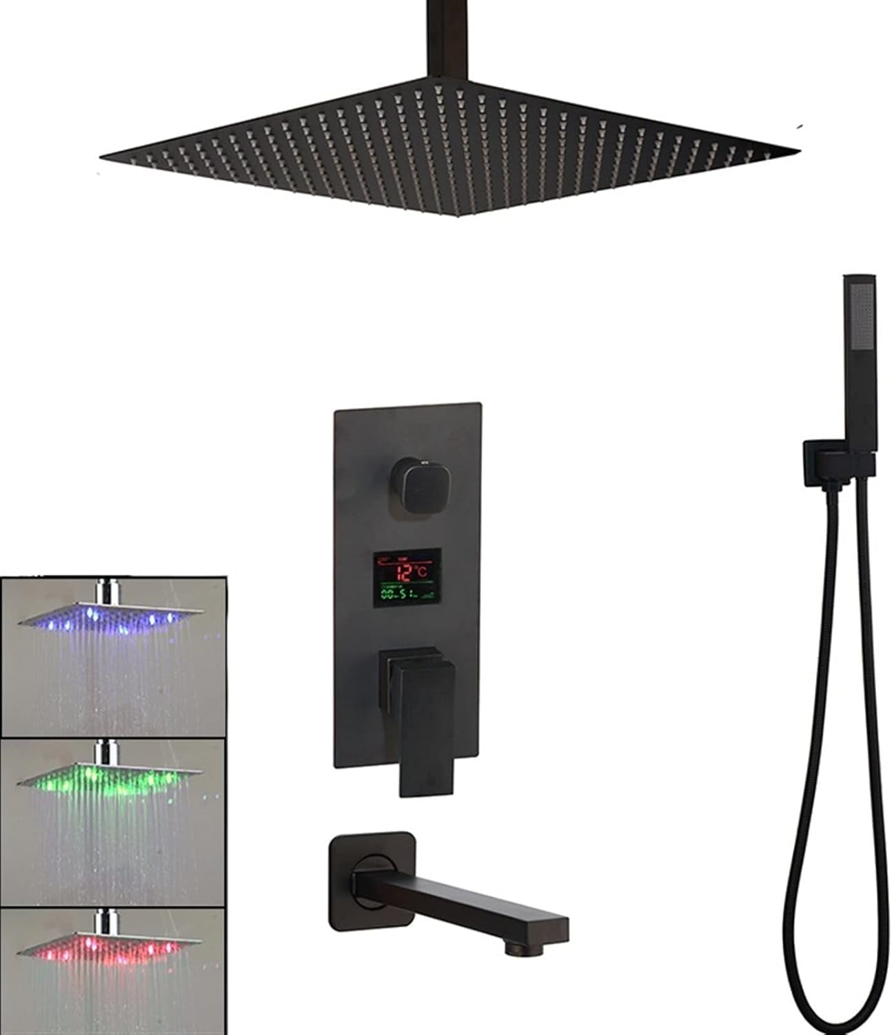 Rainfall Shower System KEMAIDI Black Brass Shower Head Digital Display ...