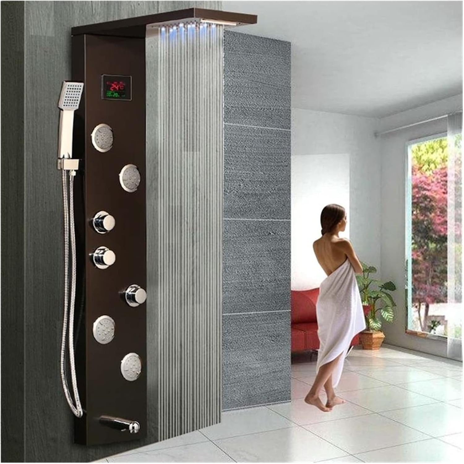 Rainfall Shower System LED Shower Panel Waterfall Rain Digital Display Shower Faucet Set SPA ...