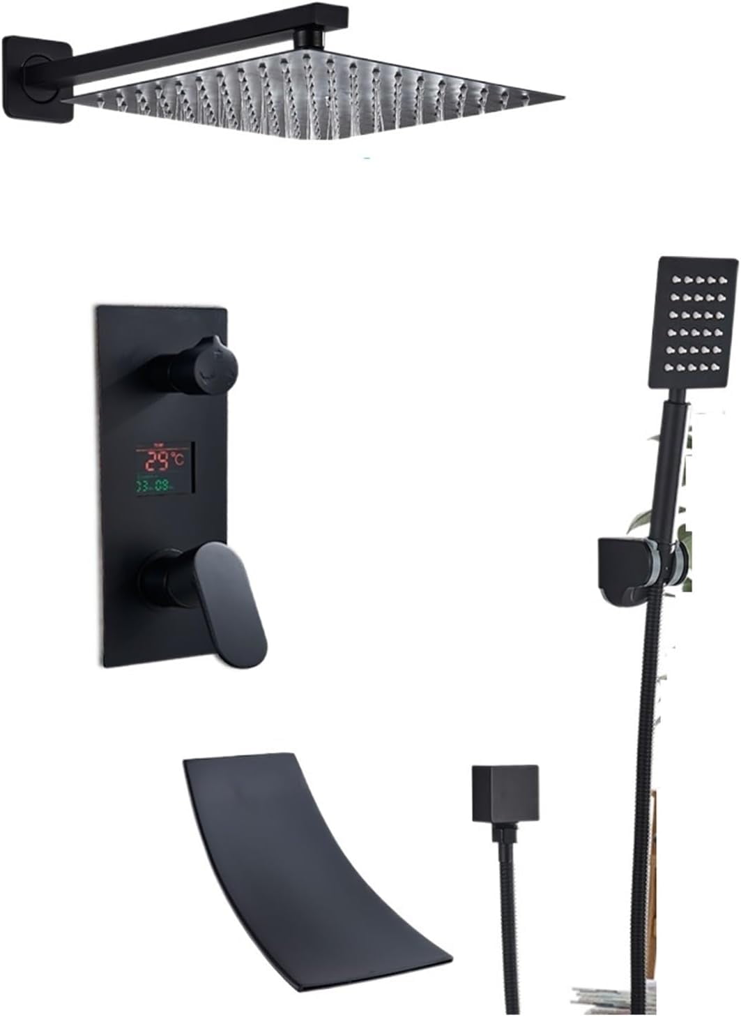 Rainfall Shower System Matte Black Bathroom Shower Faucet Set, Digital ...