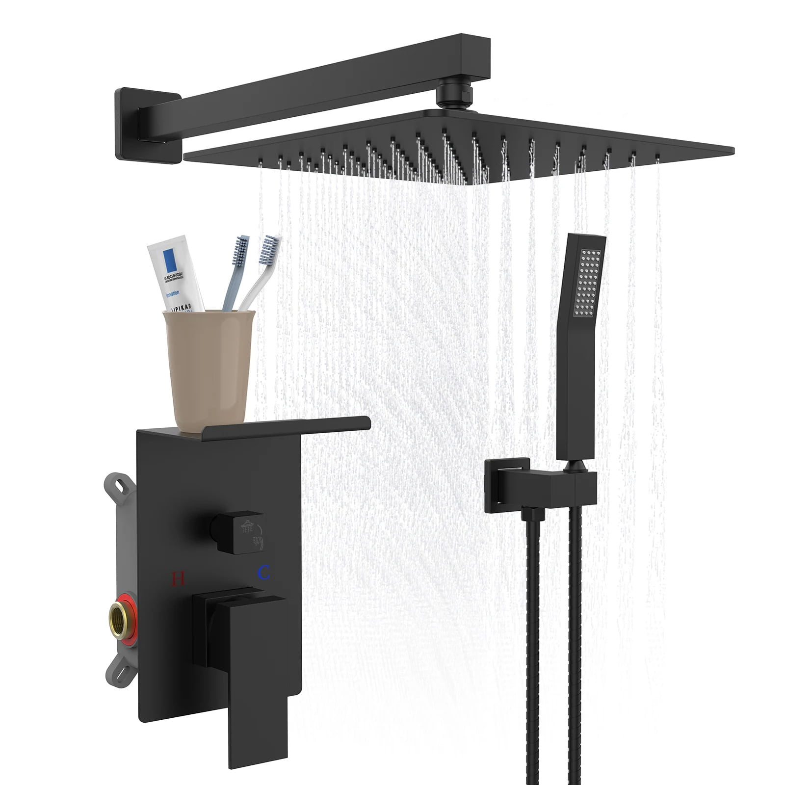 Rainfall Shower System With Storage Rack 10 inch Shower Faucet Set Brushed Nickel with High ...