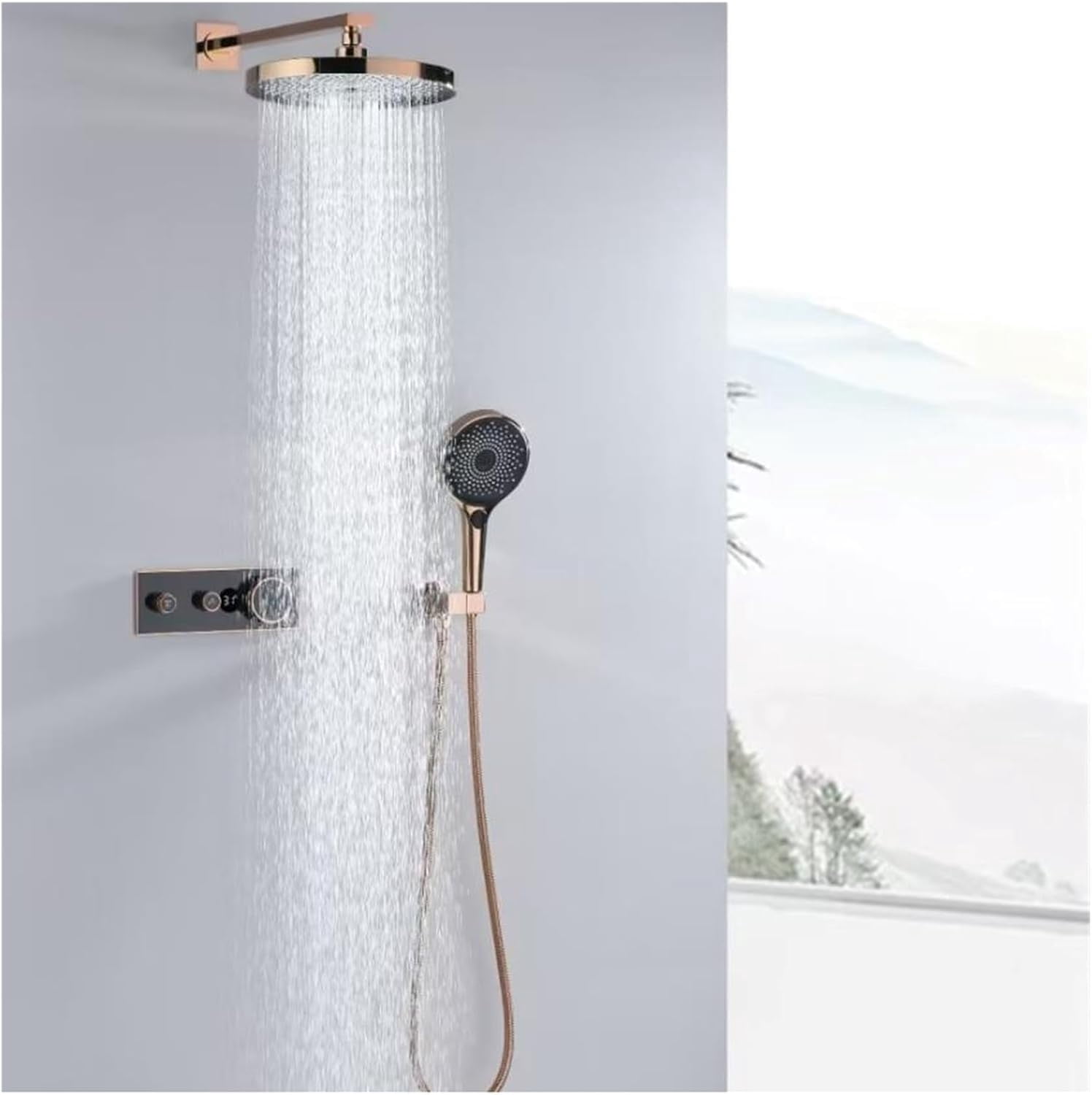 Rainfall Shower System Thermostatic Digital Display Rose Gold Shower ...