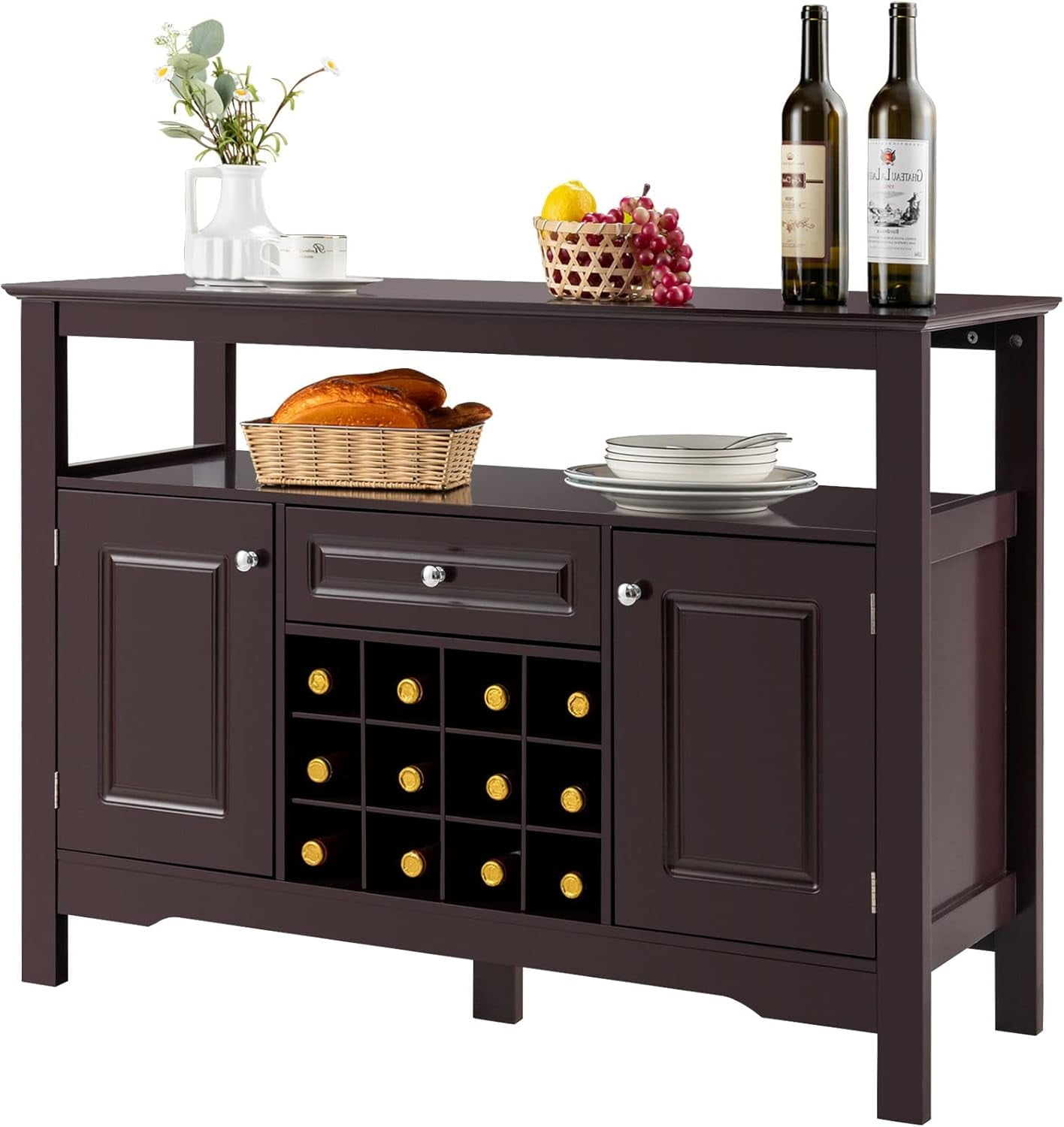 Rainfally Wood Liquor Bar Cabinet, Buffets Storage Sideboard w/ 12 ...