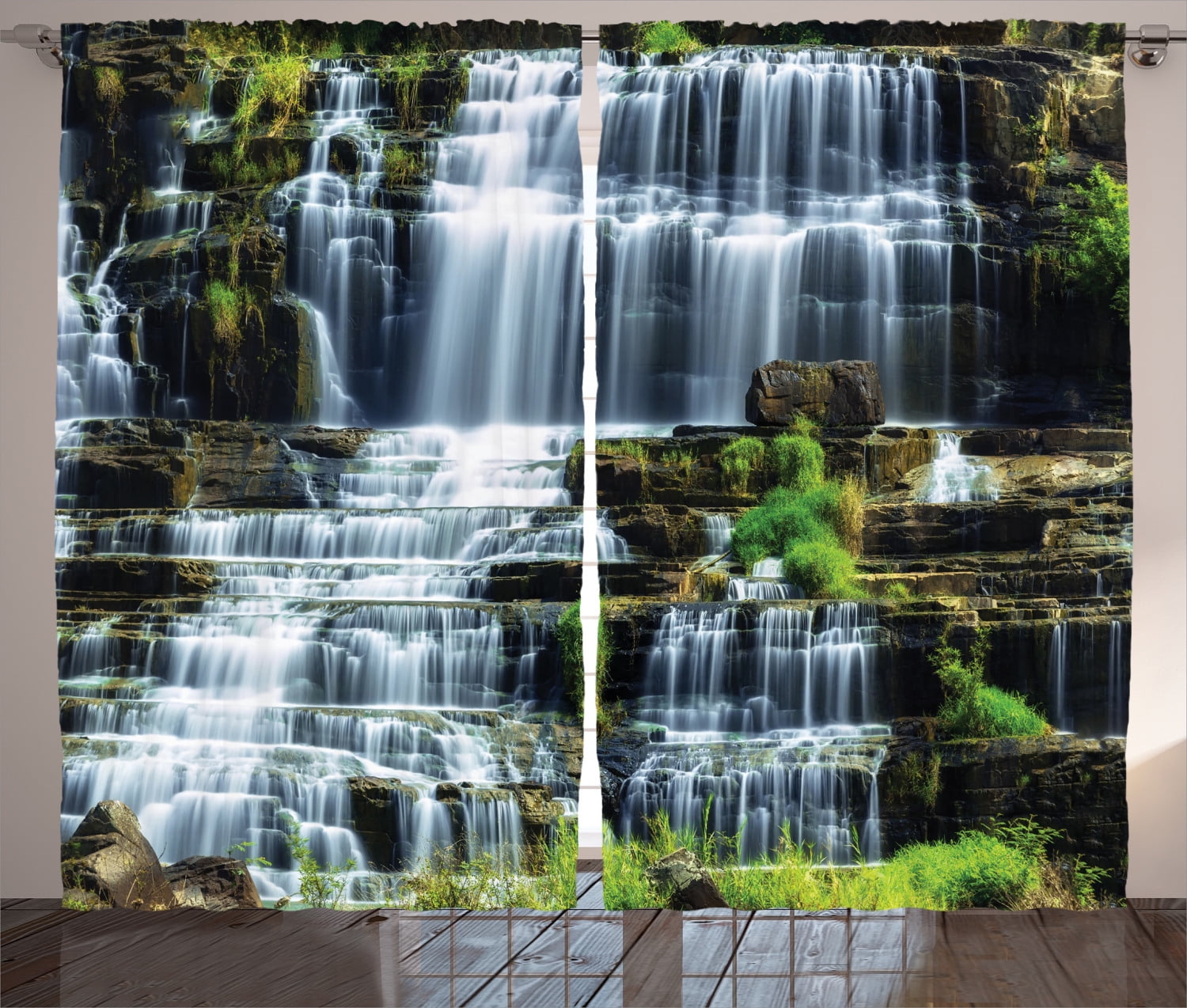 Ambesonne Tropical Curtains 2 Panel Set, Waterfall Jungle Rural, 108" x ...