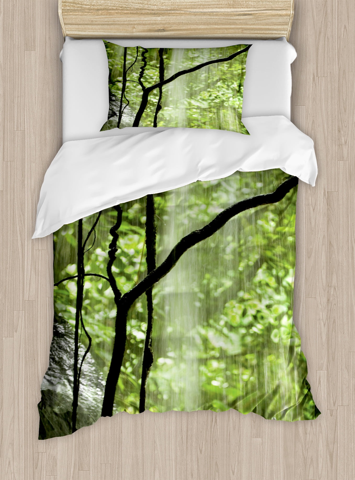 Rainforest Duvet Cover Set, Jungle View with Waterfall Rocks and Trees ...
