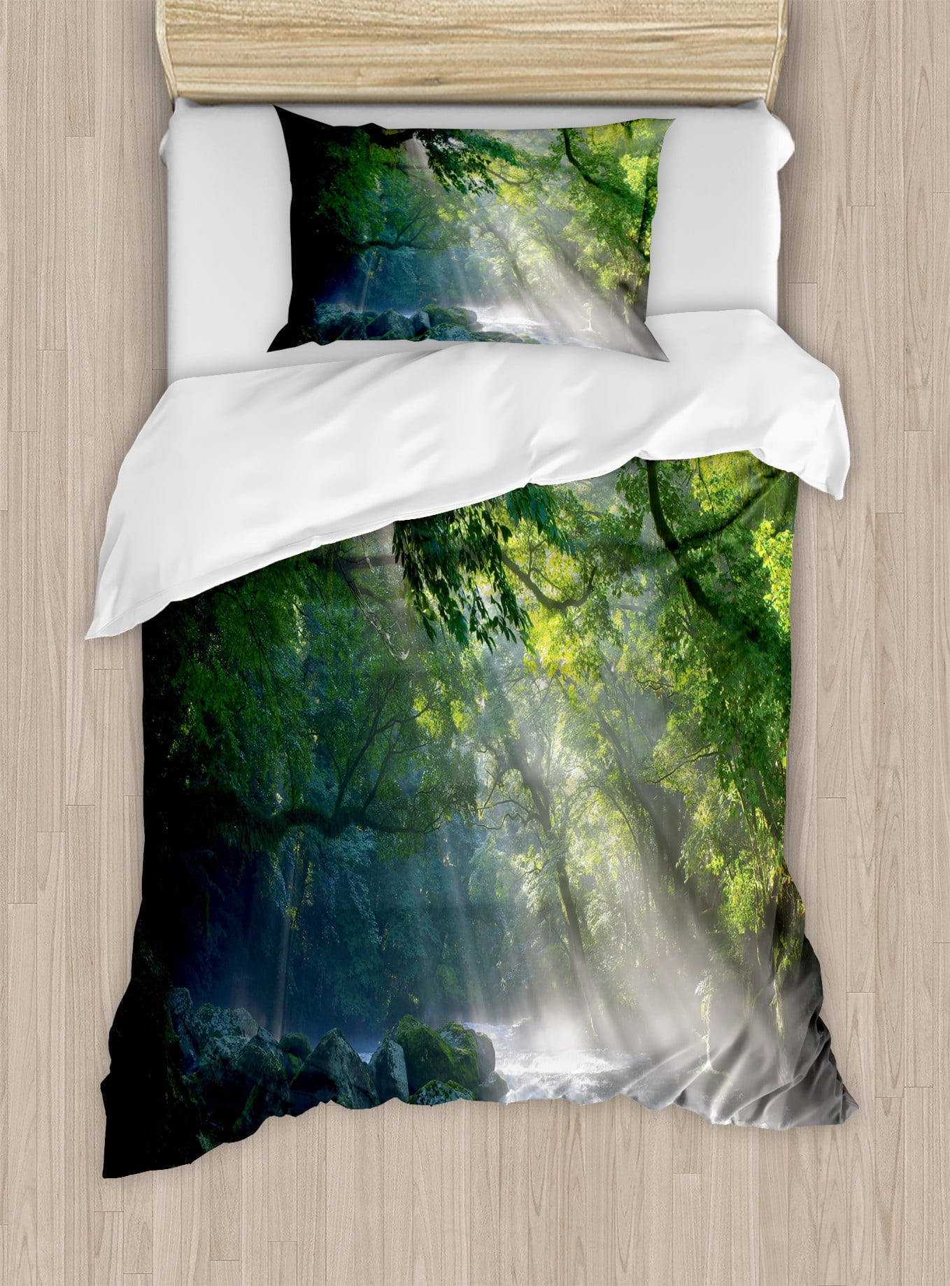 Rainforest Duvet Cover Set, Stream in the Jungle Stones Under Shadows ...