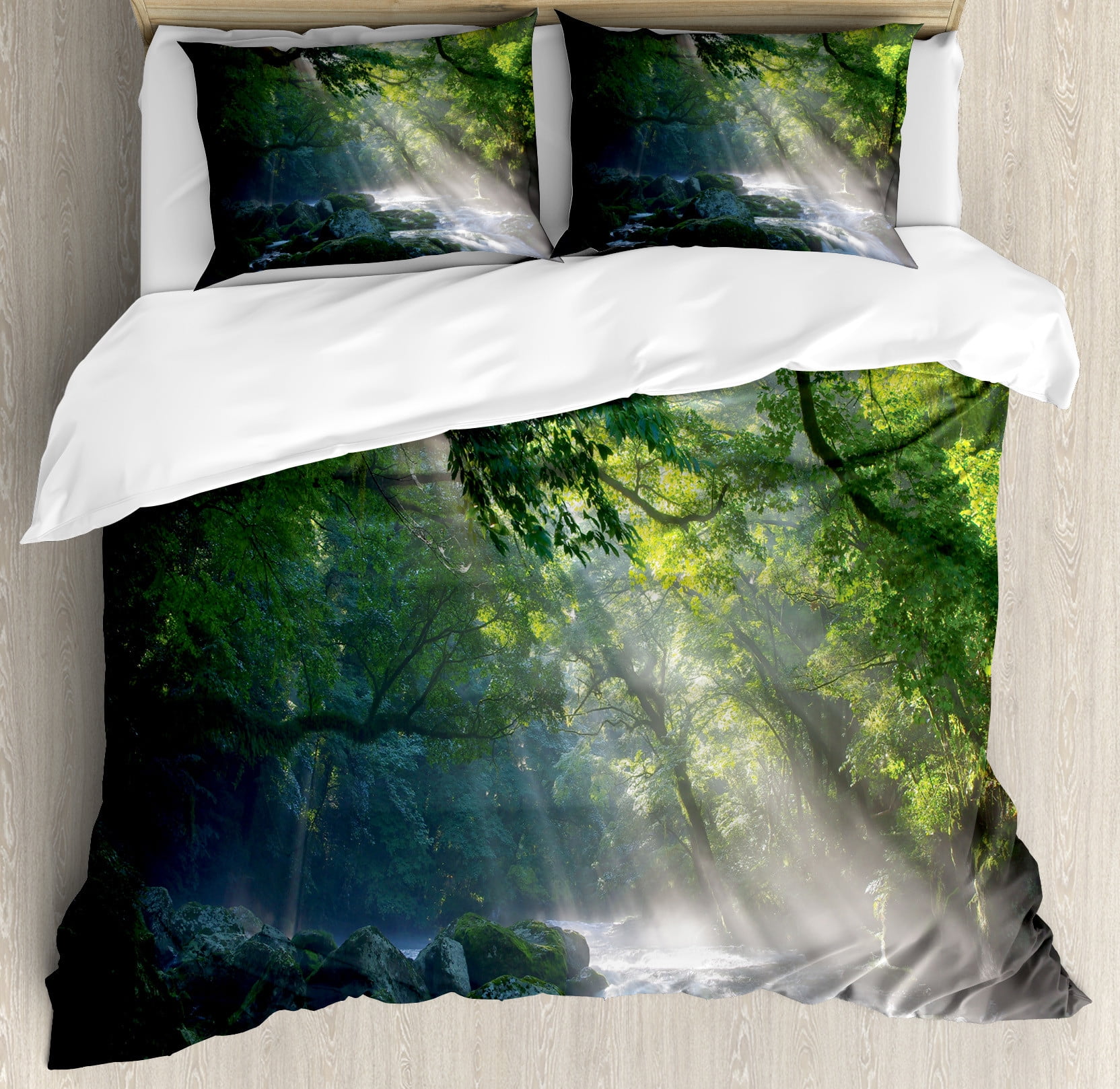 Rainforest Duvet Cover Set, Stream in the Jungle Stones Under Shadows ...