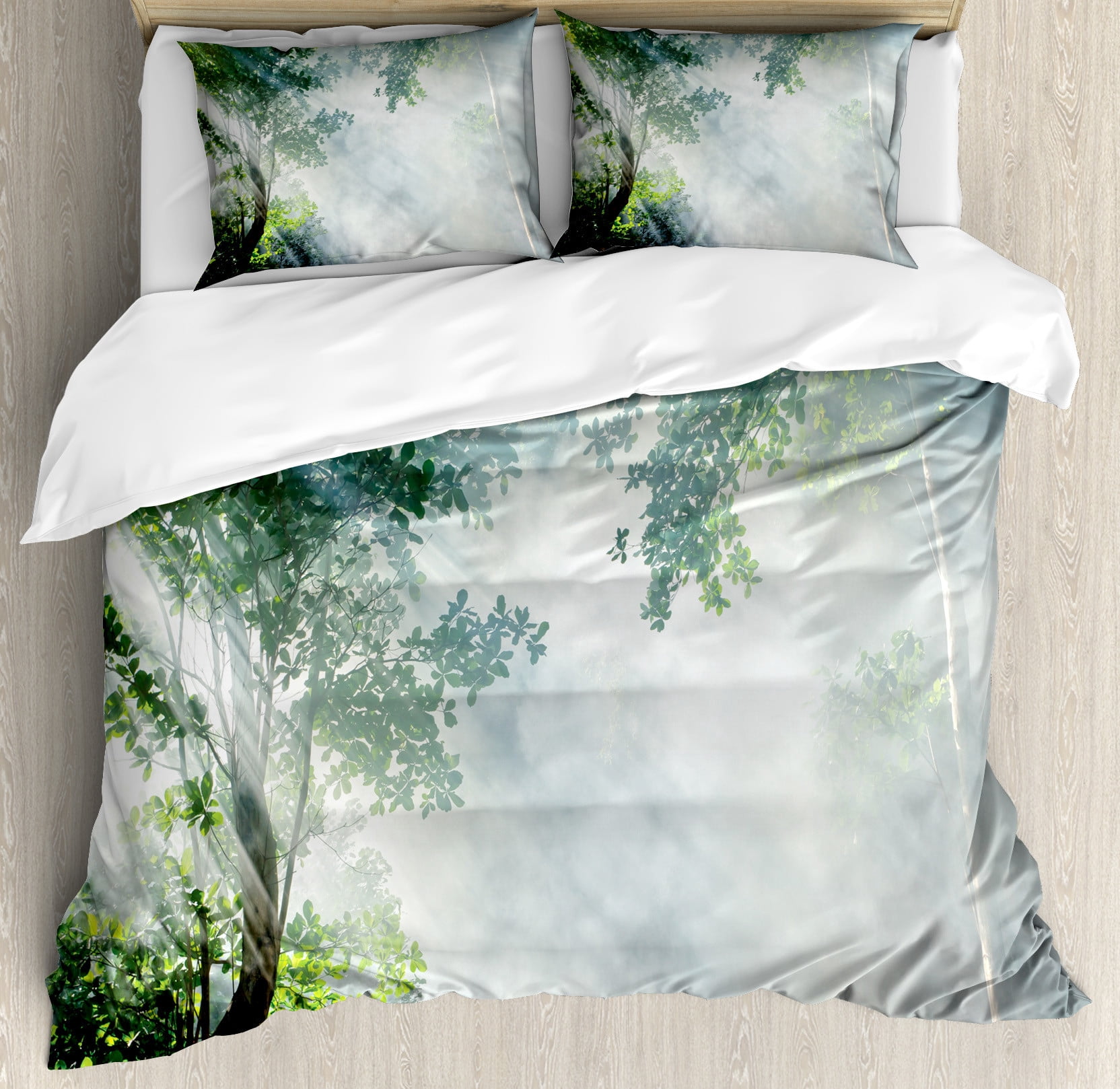 Rainforest Duvet Cover Set, Sunbeam Between Shadows of Trees Idyllic ...