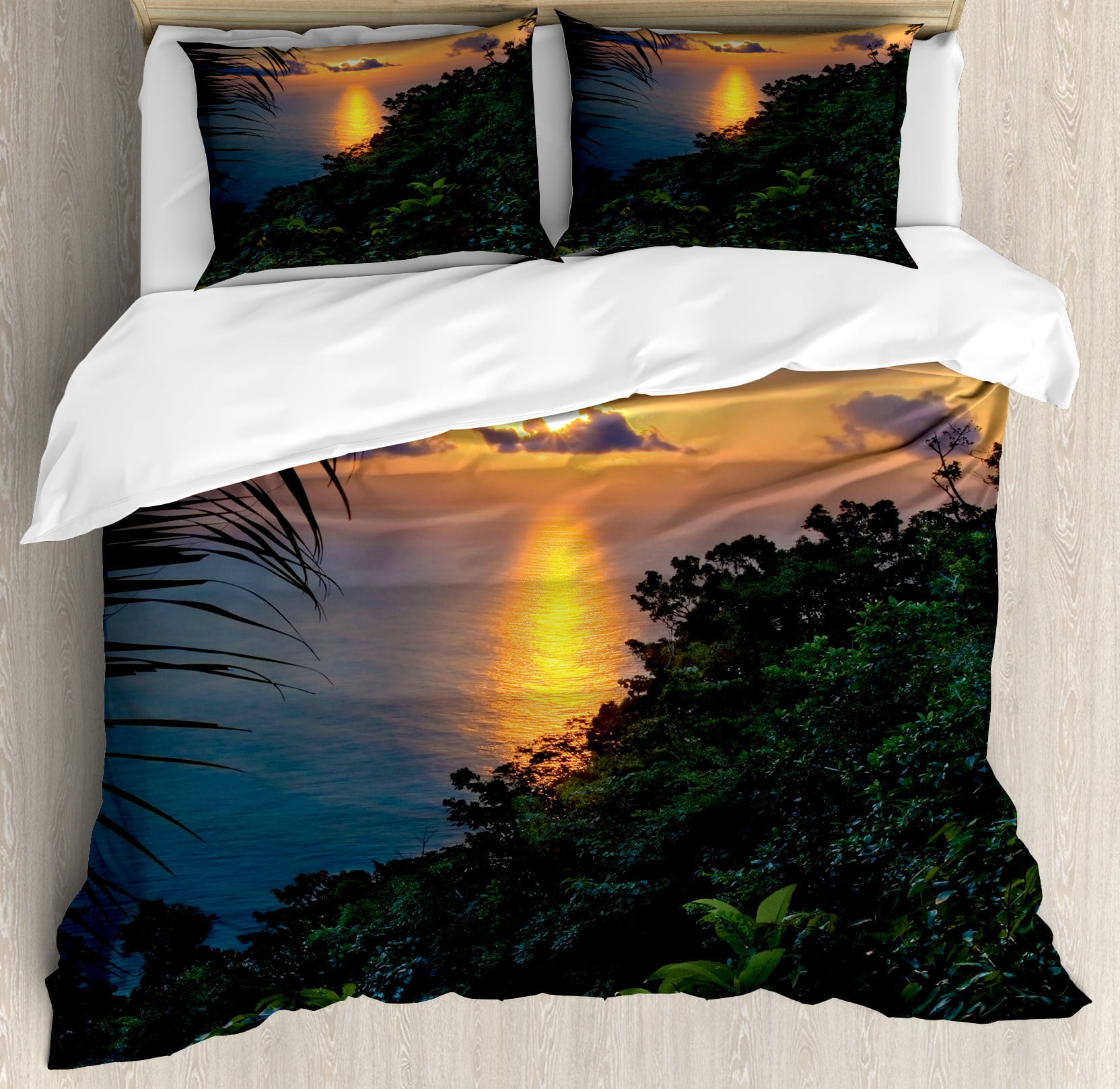 Rainforest Duvet Cover Set, Rainforest Sunrise on Ocean Seaside Hills ...