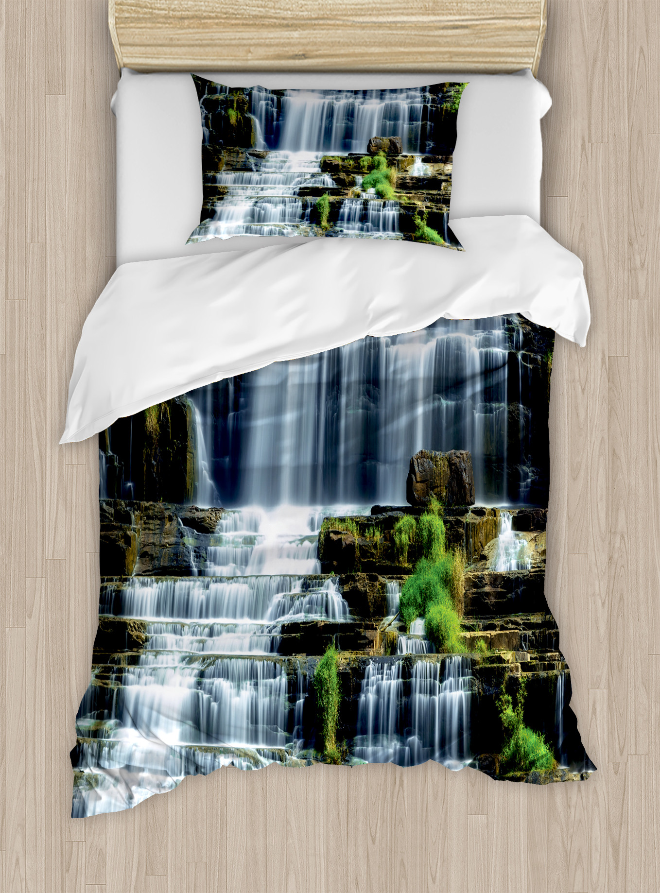 Rainforest Duvet Cover Set, Waterfall in the Middle of Tropical Jungle ...