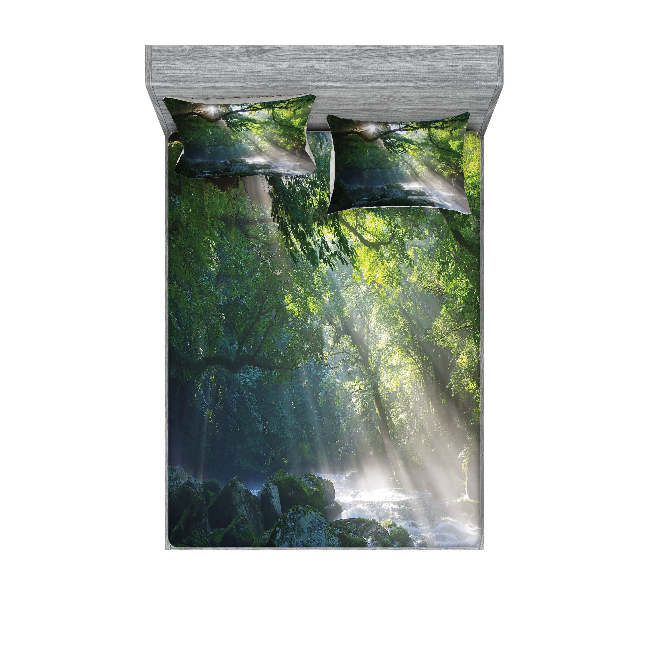 Rainforest Fitted Sheet & Pillow Sham Set, Stream in the Jungle Stones ...
