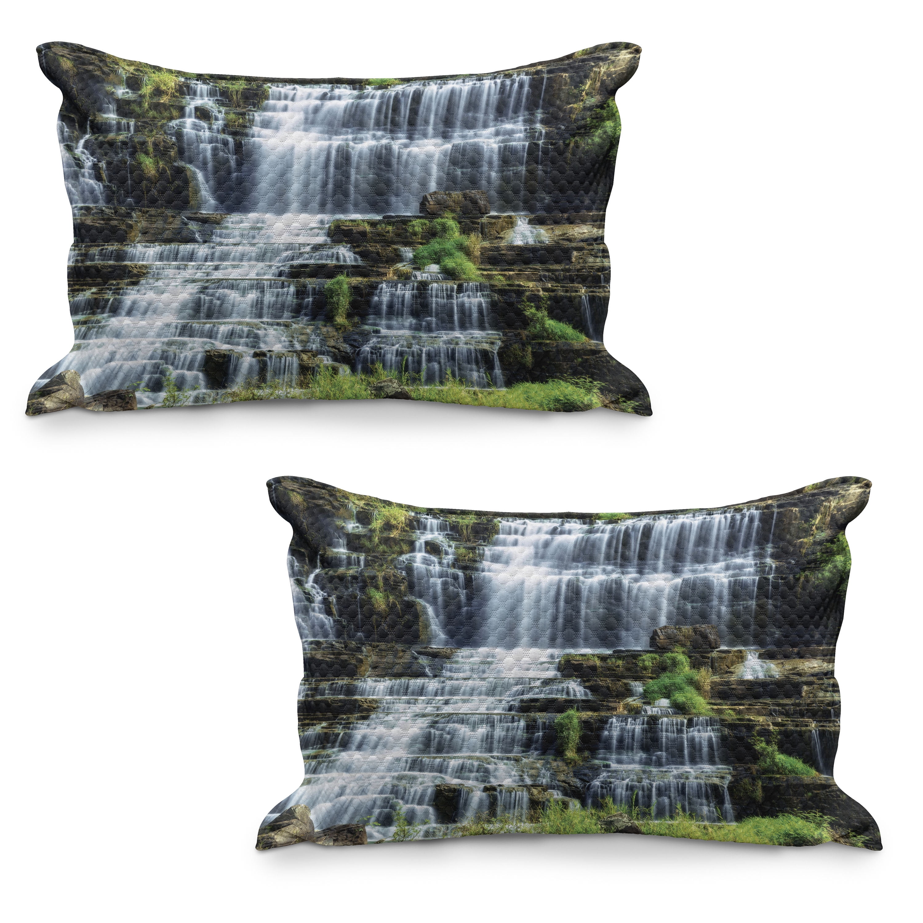 Rainforest Quilted Pillowcover Set of 2, Waterfall in the Middle of ...