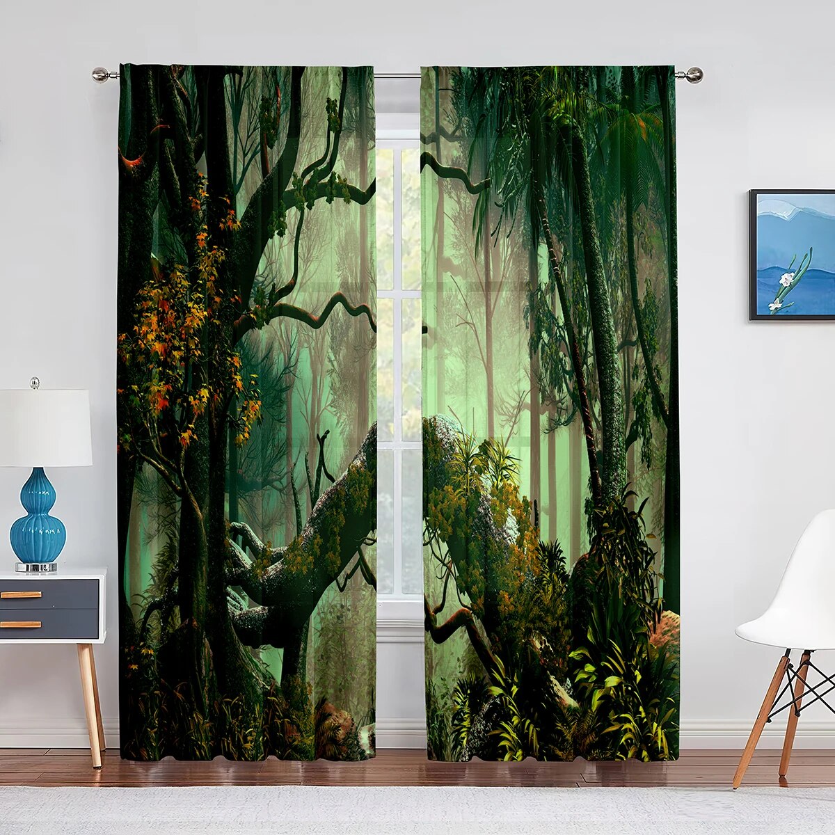 Rainforest Sheer Voile Curtain Jungle Green Trees and Exotic Plants ...
