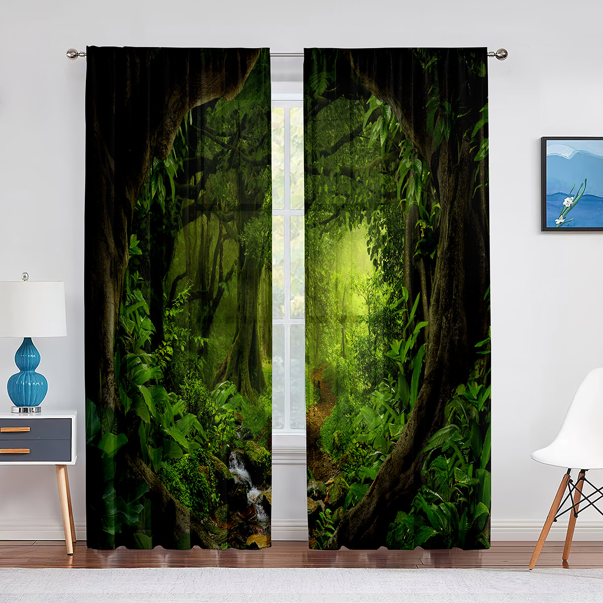 Rainforest Sheer Voile Curtain Jungle Green Trees and Exotic Plants ...