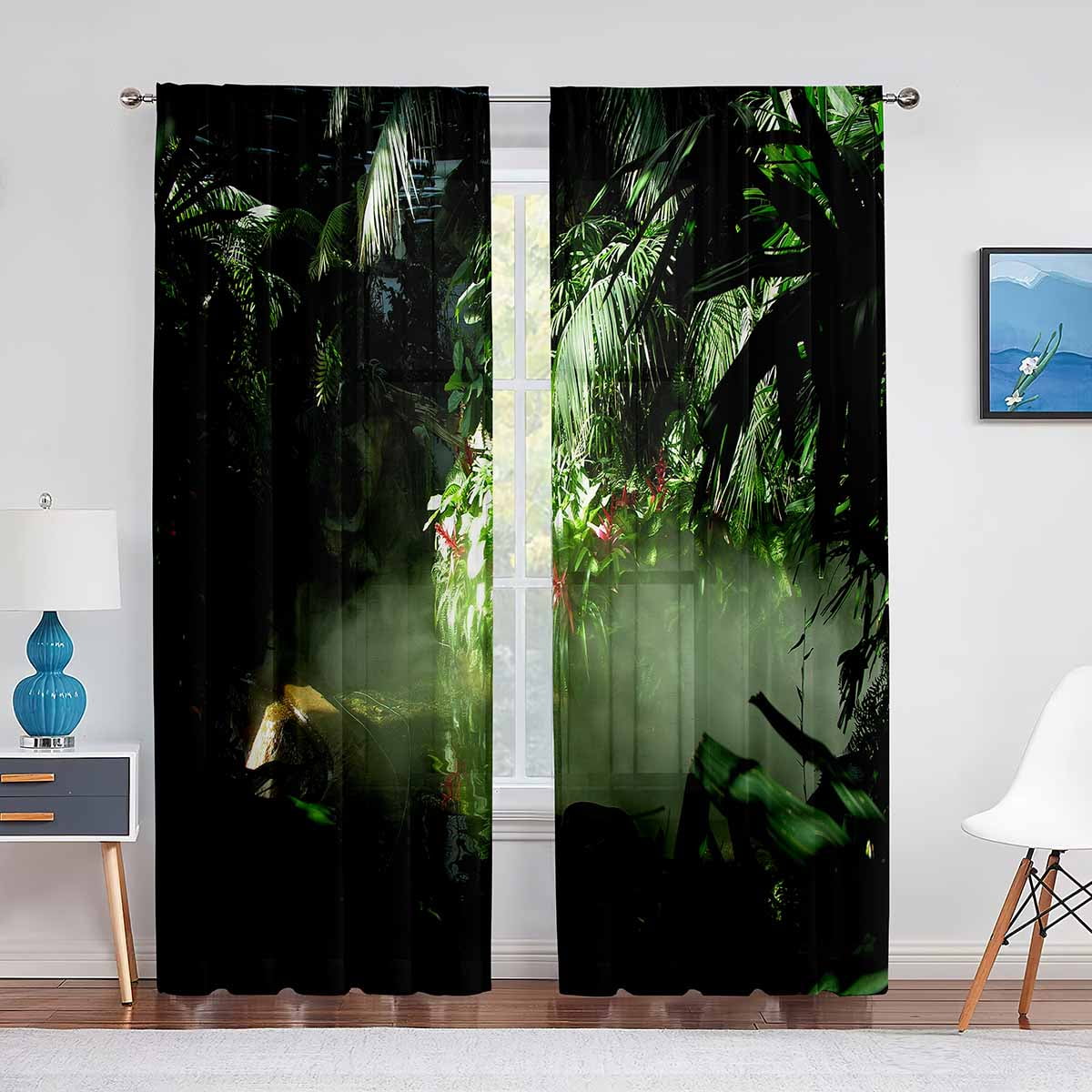Rainforest Sheer Voile Curtain Jungle Green Trees and Exotic Plants ...