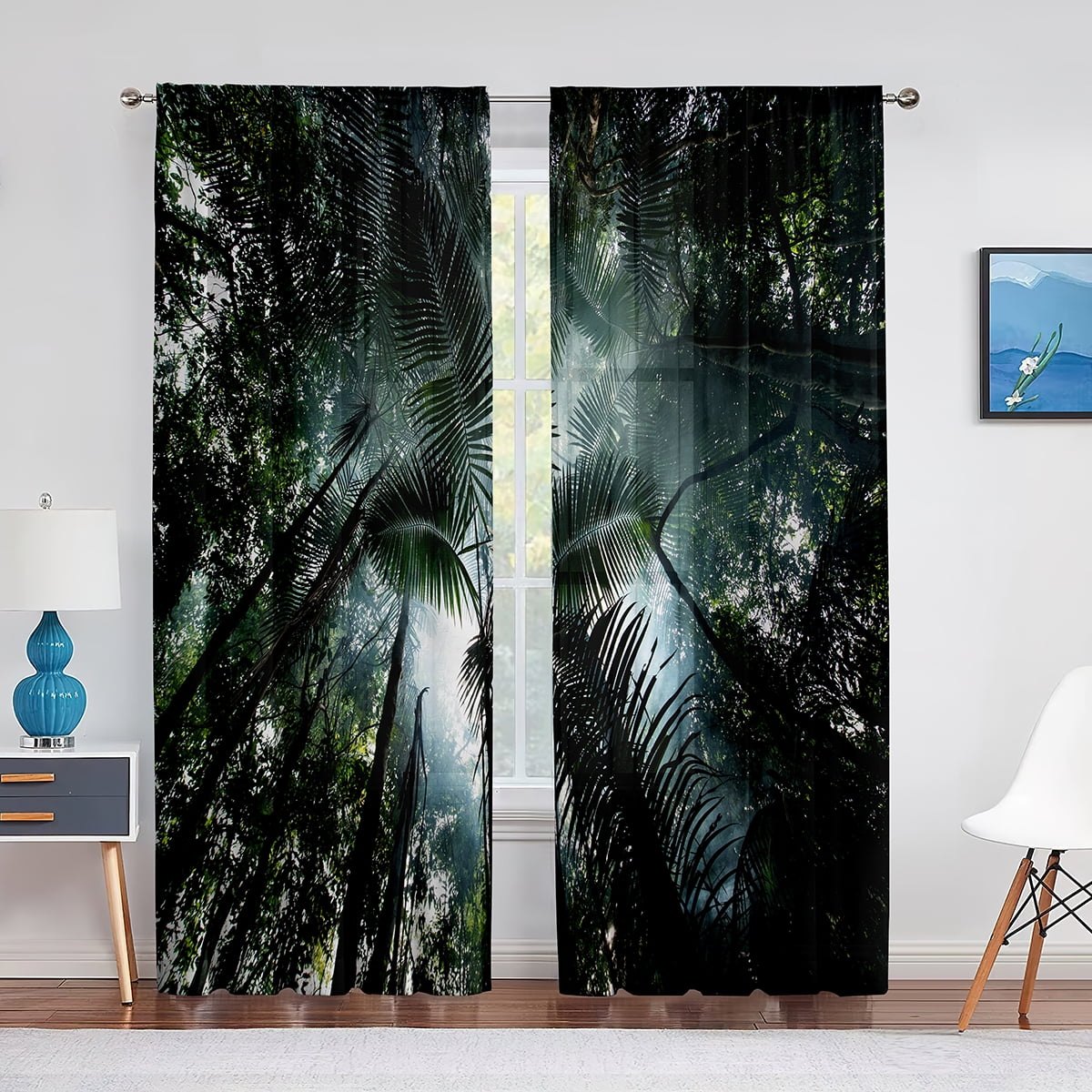Rainforest Sheer Voile Curtain Jungle Green Trees and Exotic Plants ...
