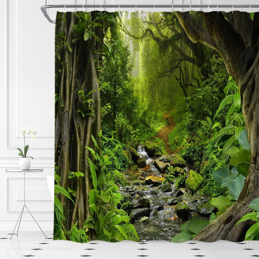 Rainforest Shower Curtain Jungle Stream Waterfall Tropical Forest Plant ...