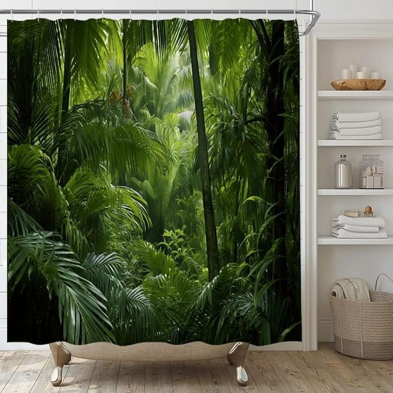 Rainforest Shower Curtain Tropical Jungle Forest Green Palm Tree Leaves ...