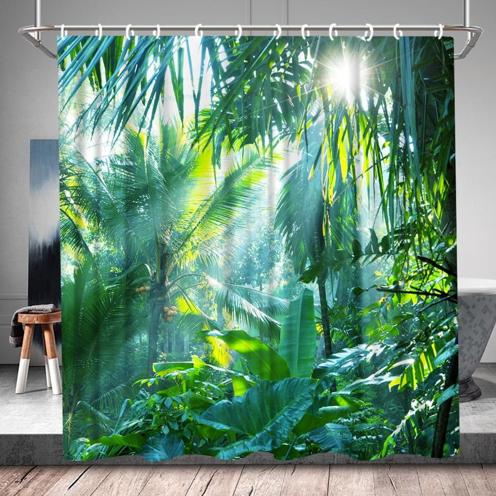 Rainforest Shower Curtain Tropical Jungle Spring Green Tree Palm Tree ...