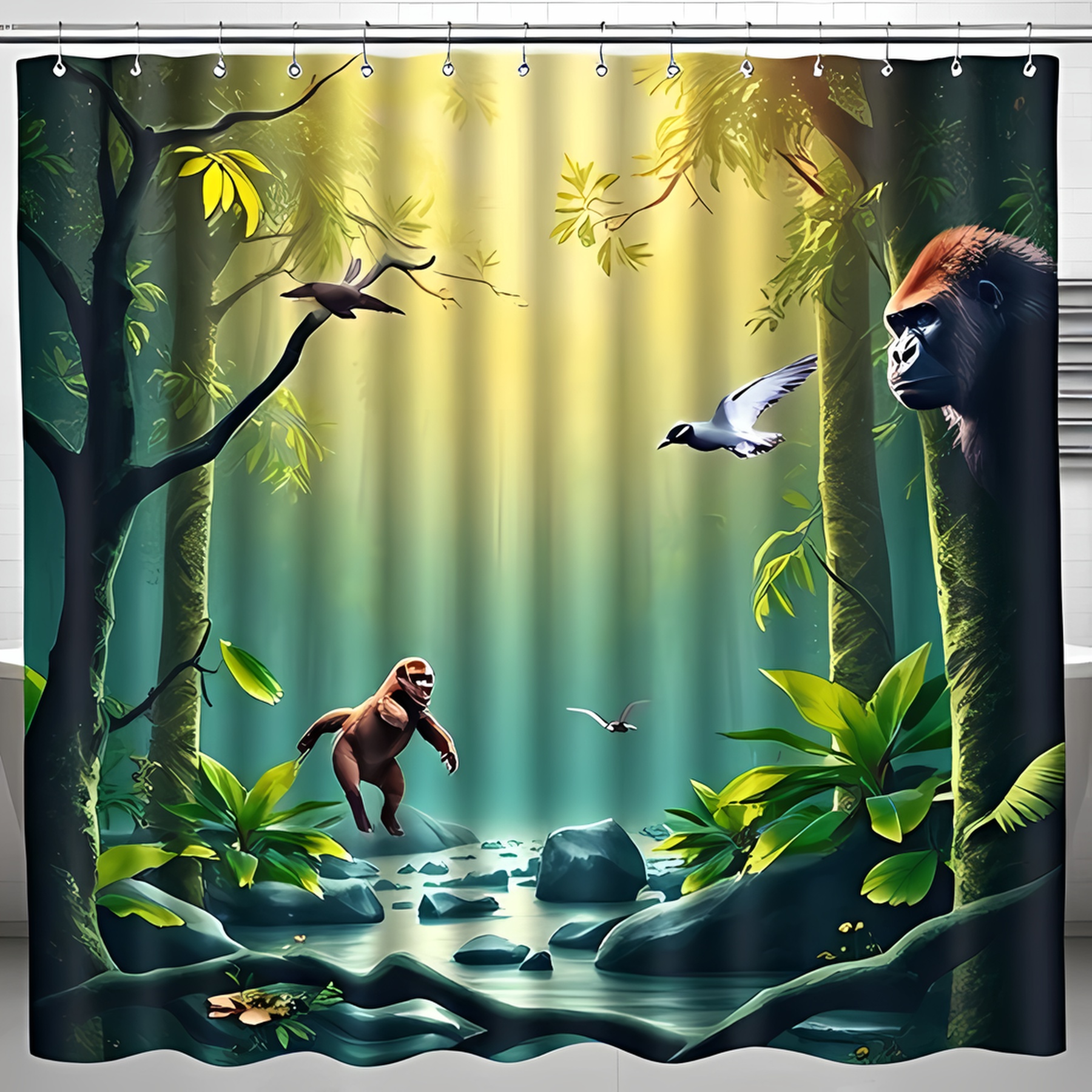 Rainforest Shower Curtain with Gorilla & Monkey Design - Tranquil ...