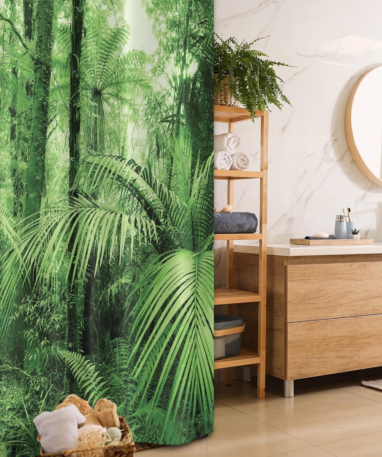 Rainforest Stall Shower Curtain, Palm Trees and Exotic Plants in ...