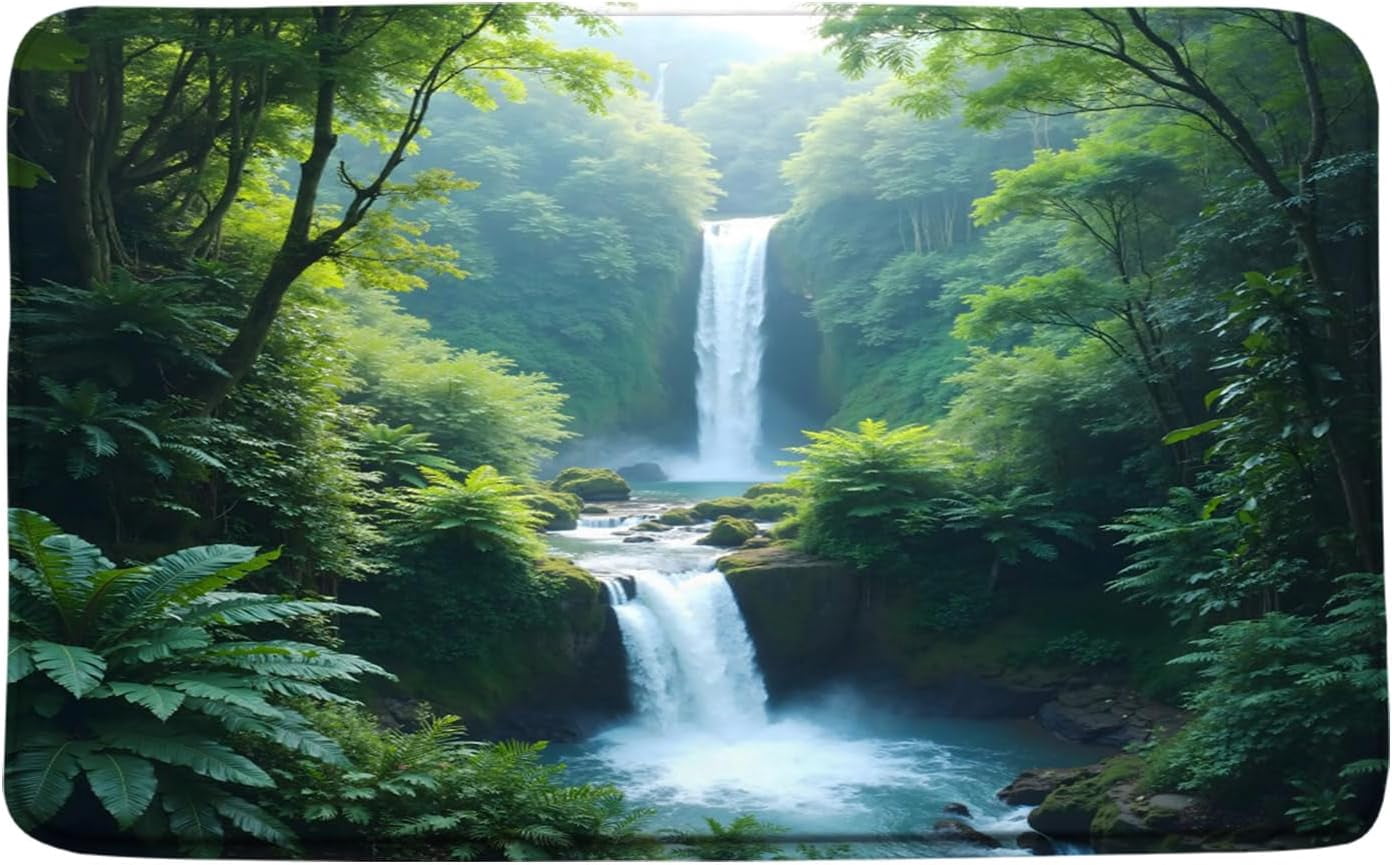 Rainforest Waterfall Bath Mat Tropical Nature Green Forest Green Tree ...