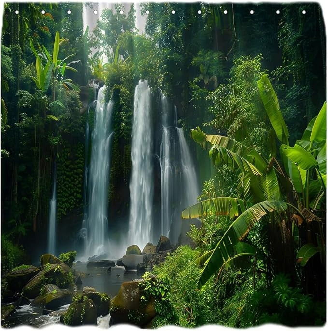 Rainforest Waterfall Shower Curtain Tropical Jungle Forest Green Tree ...