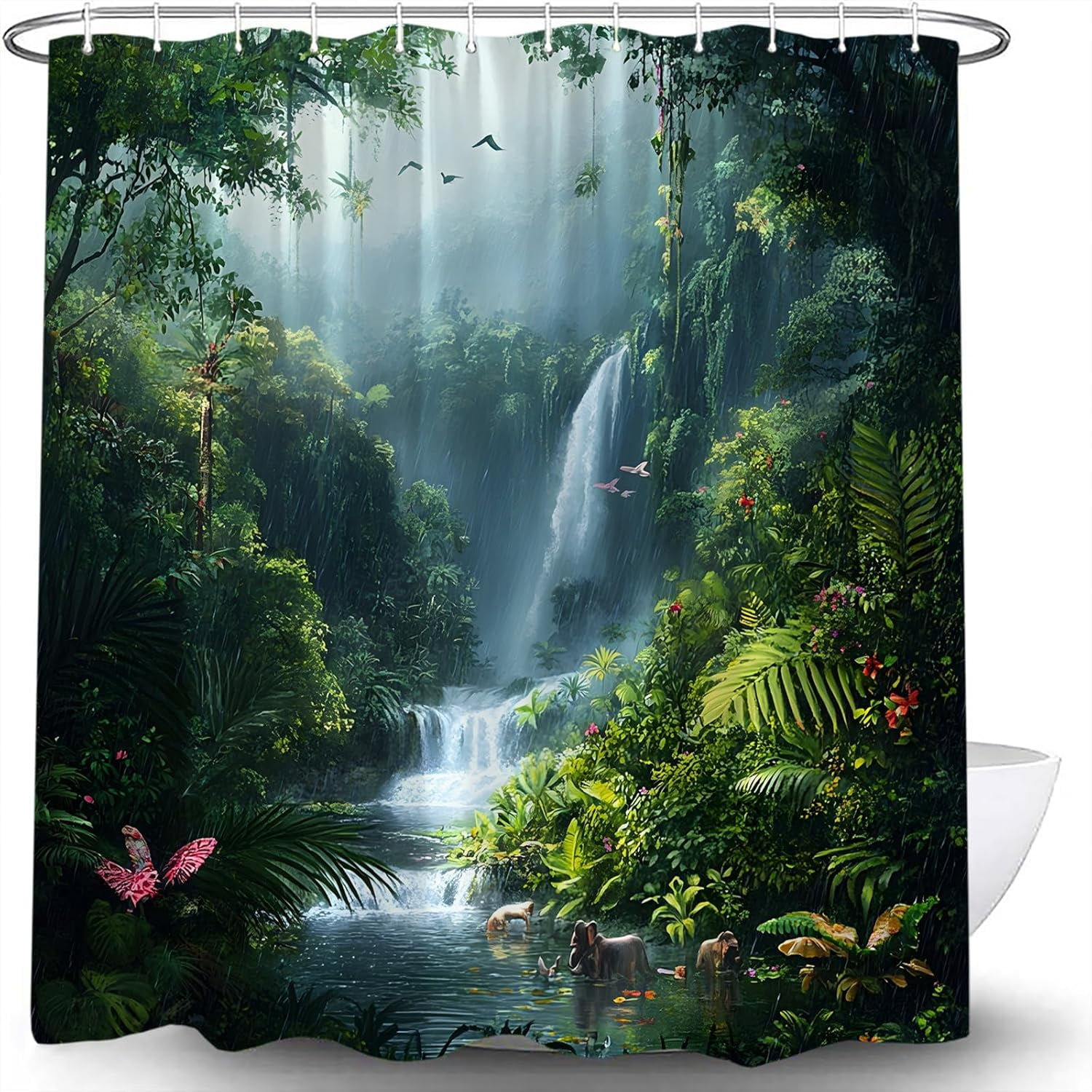 Rainforest Waterfall Shower Curtain Tropical Jungle Nature Green Tree ...